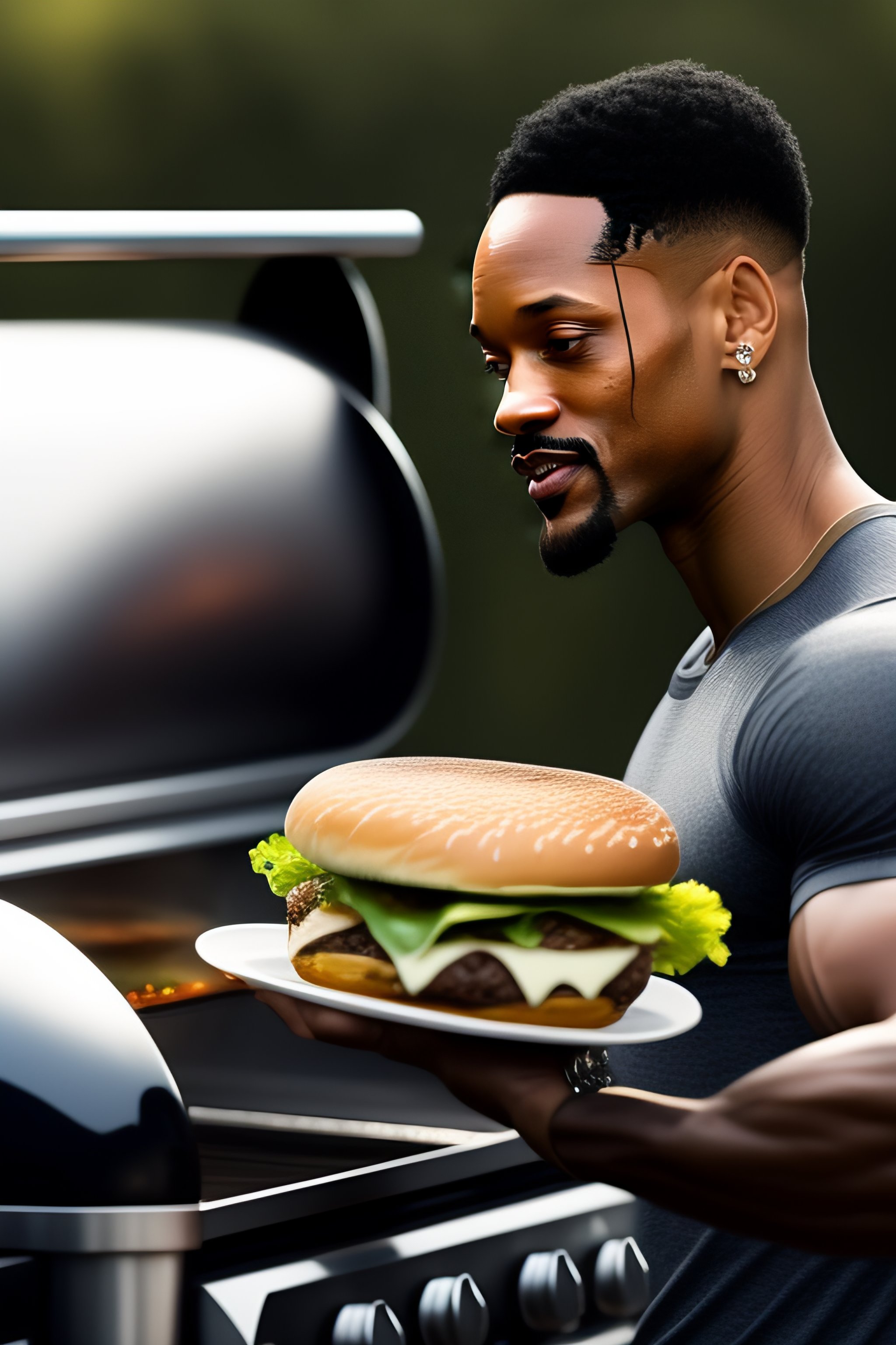 Lexica - A skinny Will Smith cooking burgers on a barbecue in his backyard
