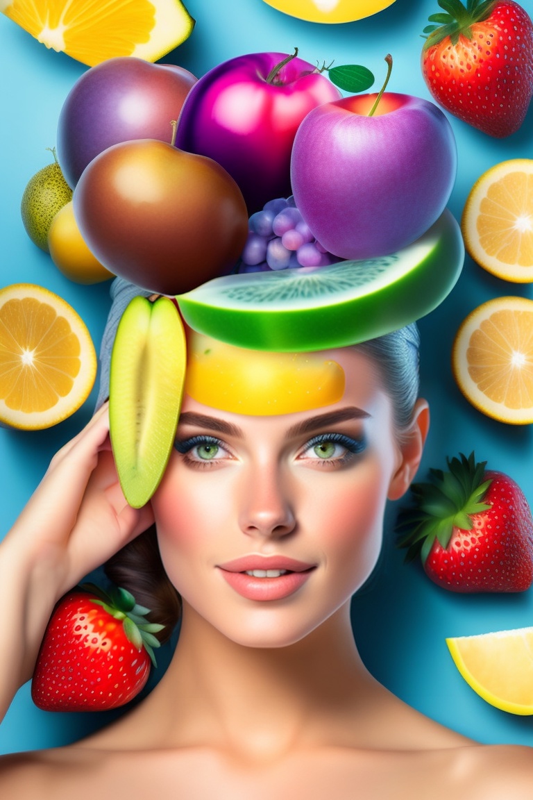 Lexica - White girl model with fruits in hair, expressive look, on a ...