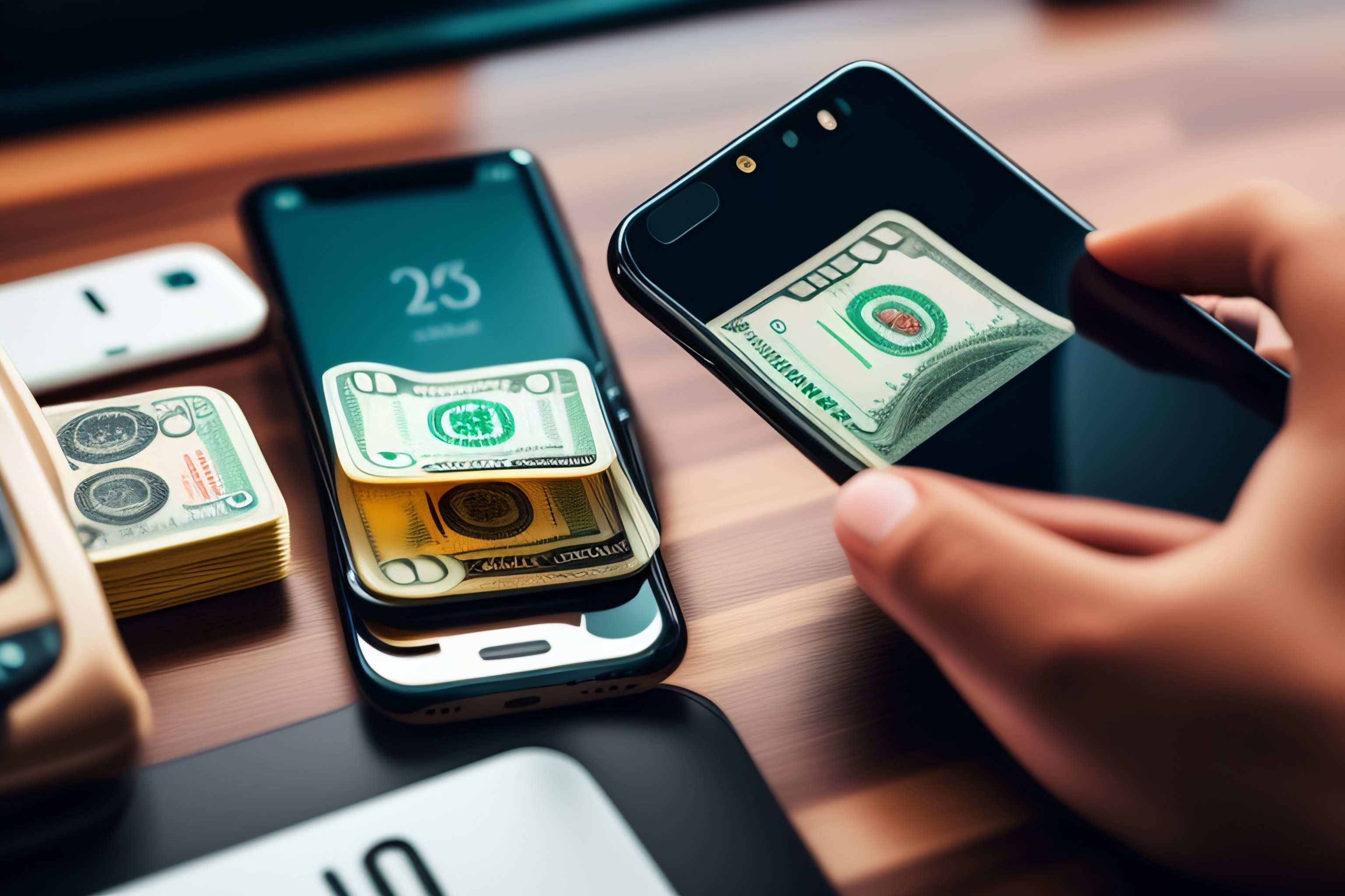 Lexica - Three phones with dollar banknotes on screen