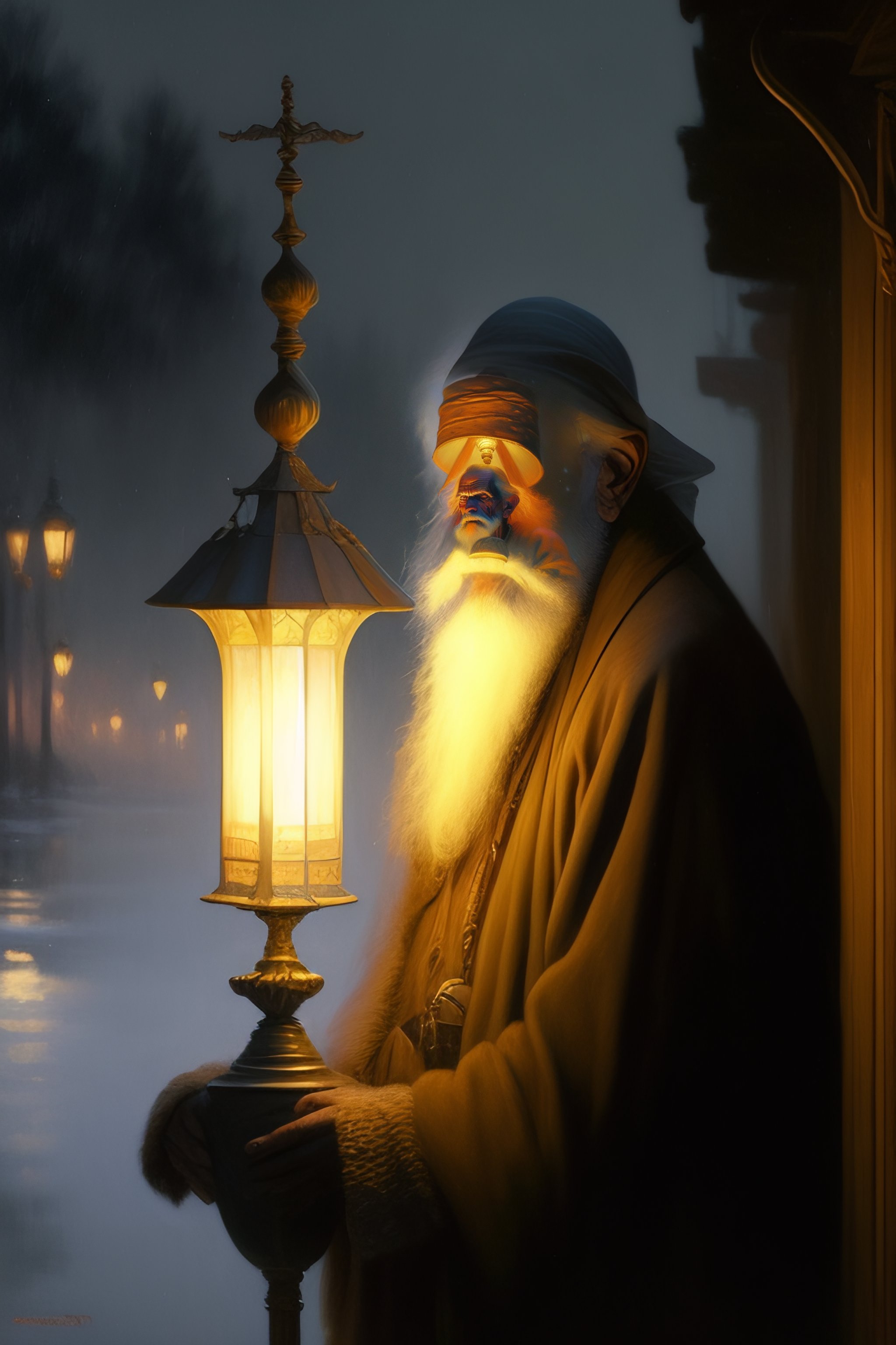 Lexica - An old decayed hermit holding a lamp and a cane in the dark ...