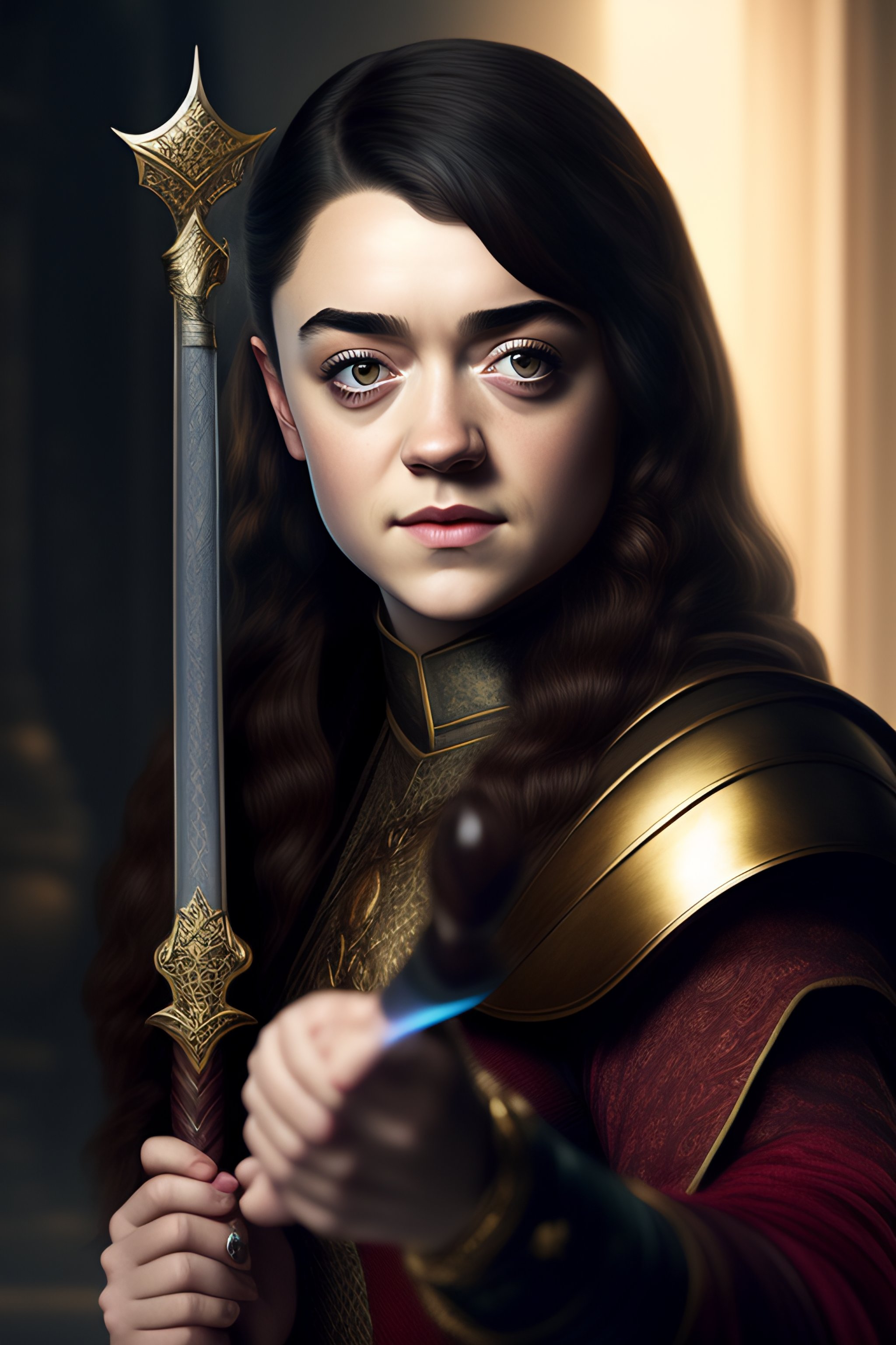 Lexica - Maisie Williams, as arya stark, holding the The Sword of Omens, photorealistic