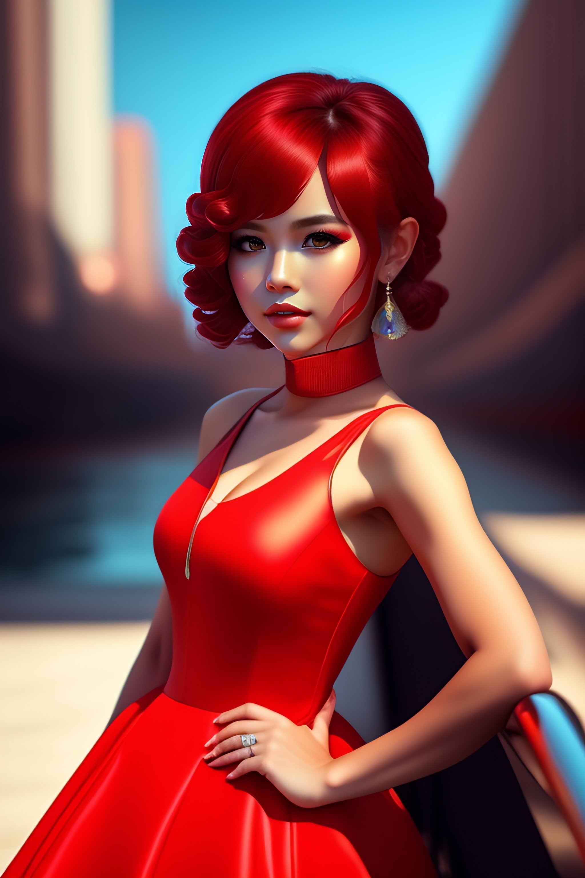 Lexica - ((masterpiece)), girl,red dress,short hair,summer, twintails:1 ...