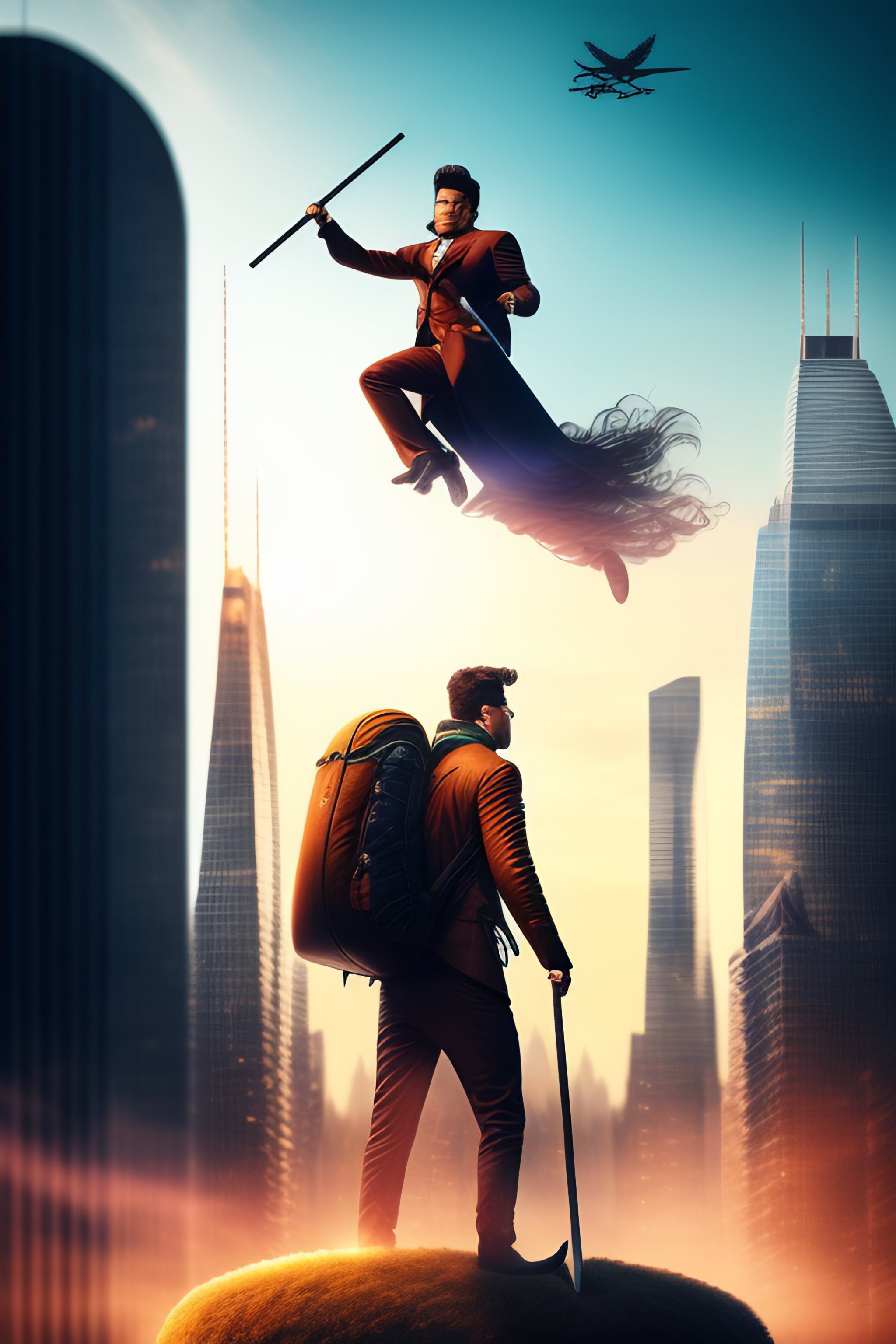 Lexica - Man riding a broomstick over the city flying