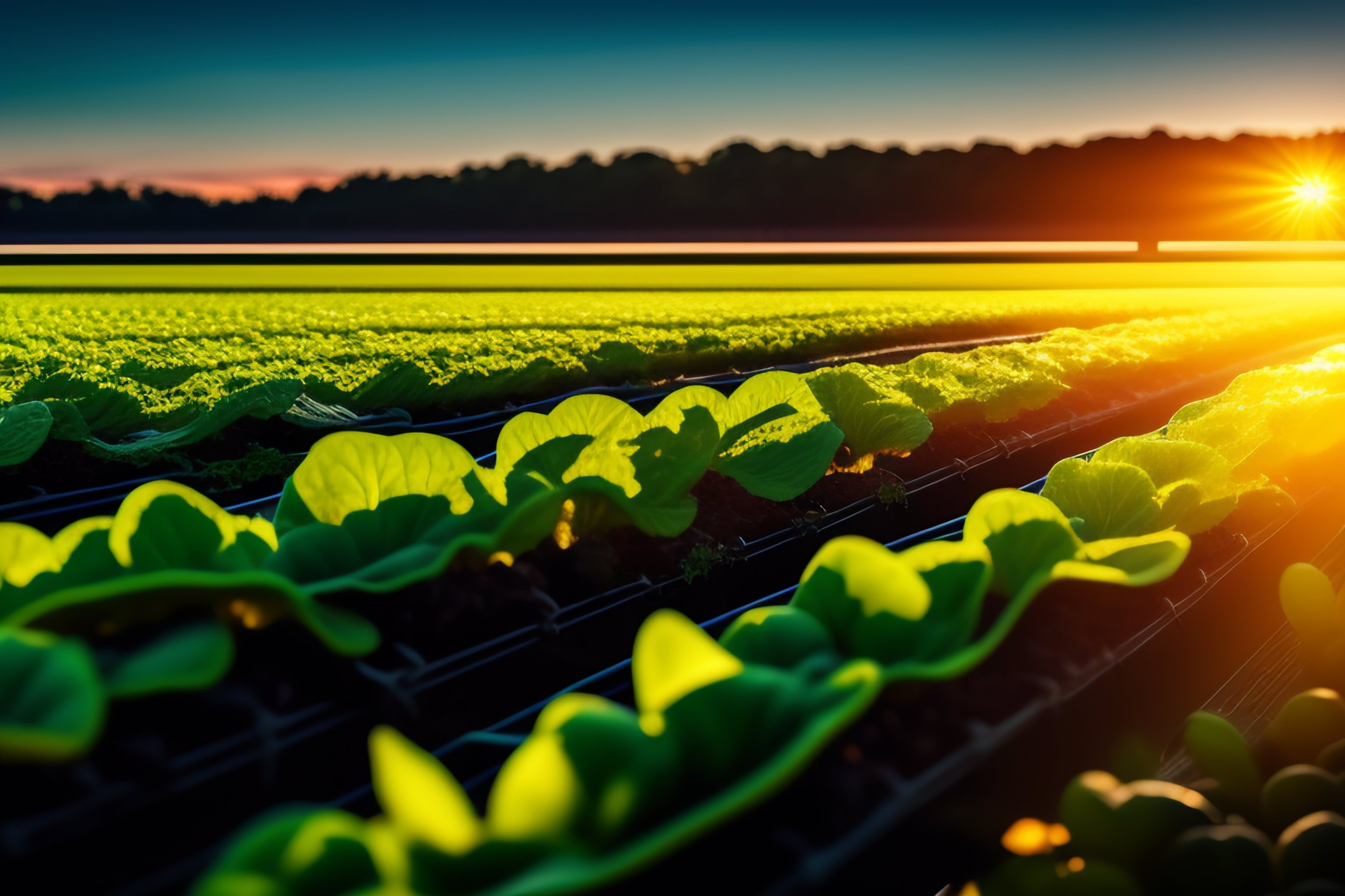 Lexica - Landscape image of hydroponic farm sunset close up to lettuce plan