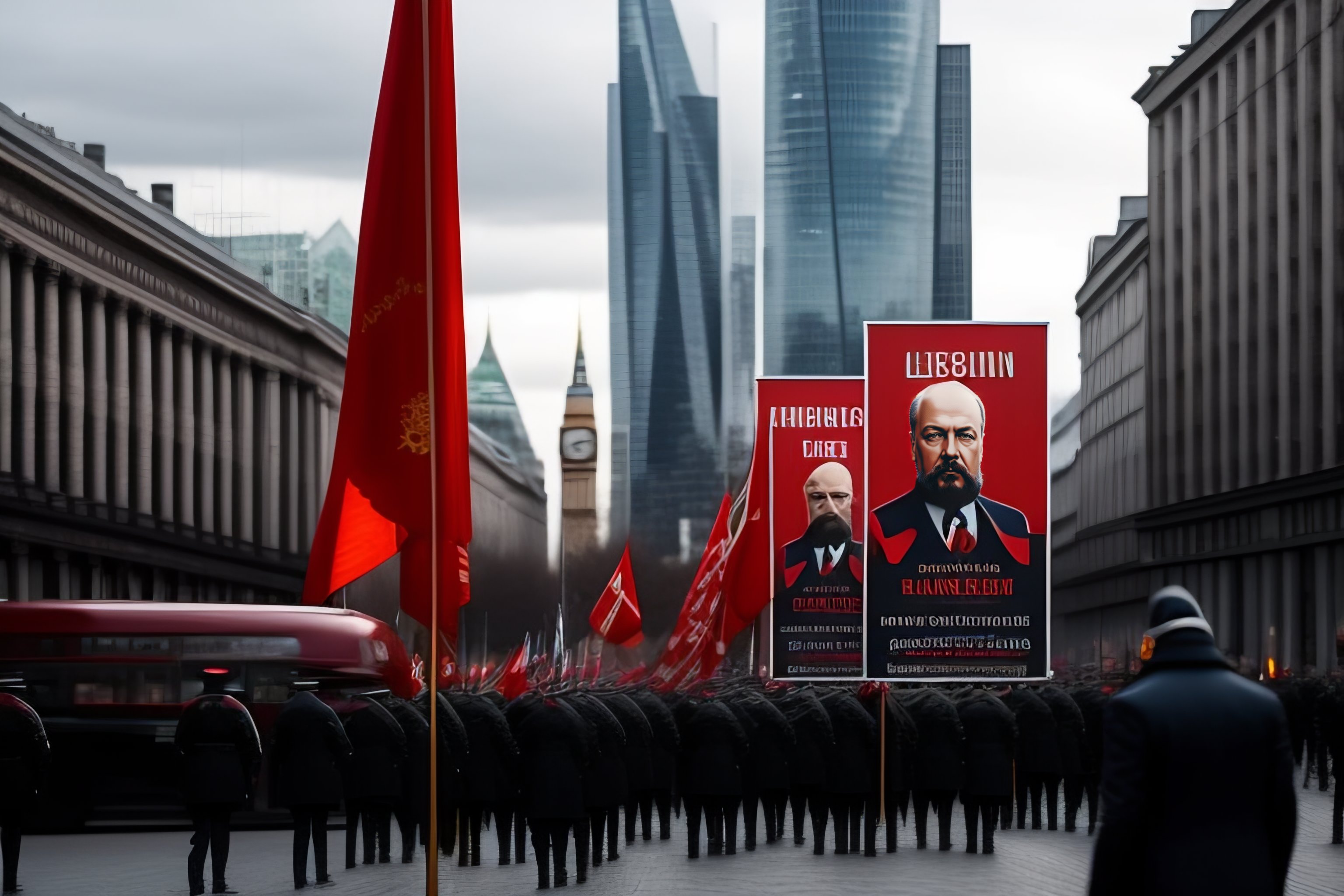 Lexica - Lenin in London. Red flags on the buildings.