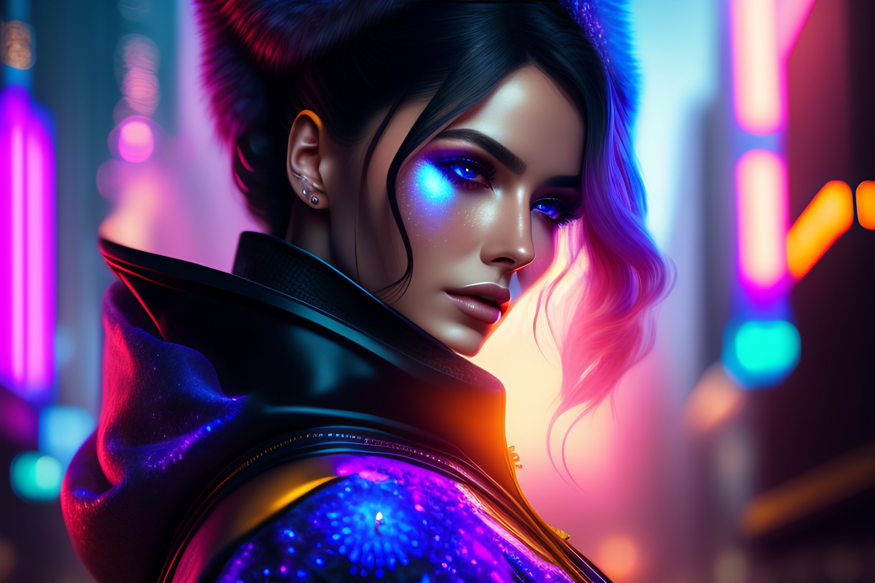 Lexica - Beautiful sci-fi girl from future wearing furry coat pink blue ...