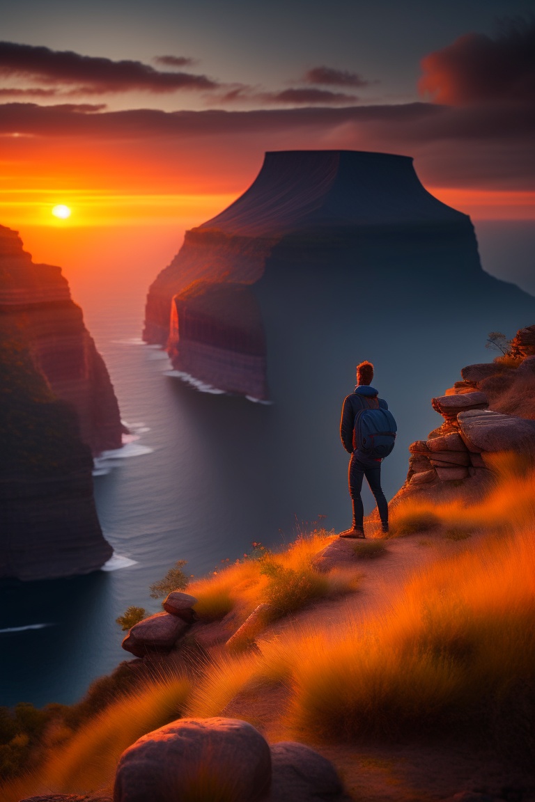 Lexica - Man standing in the cliff at a beautiful sunset , picture ...