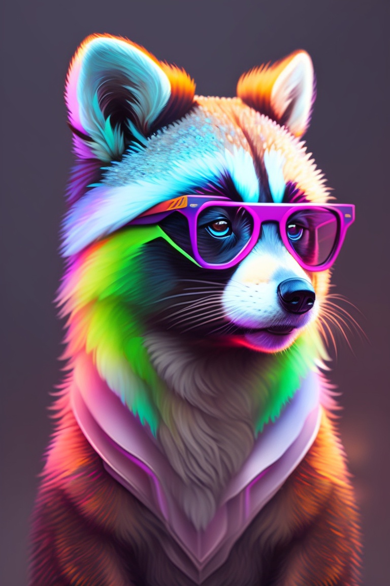 Lexica - Neon raccoon spirit animal wearing sunglasses , intricate oil ...