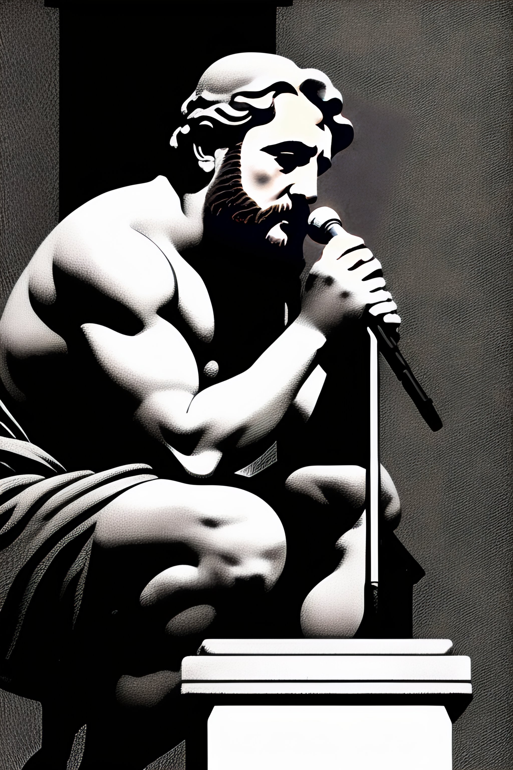 Lexica - Rodin the thinker holding a microphone clipart line drawing