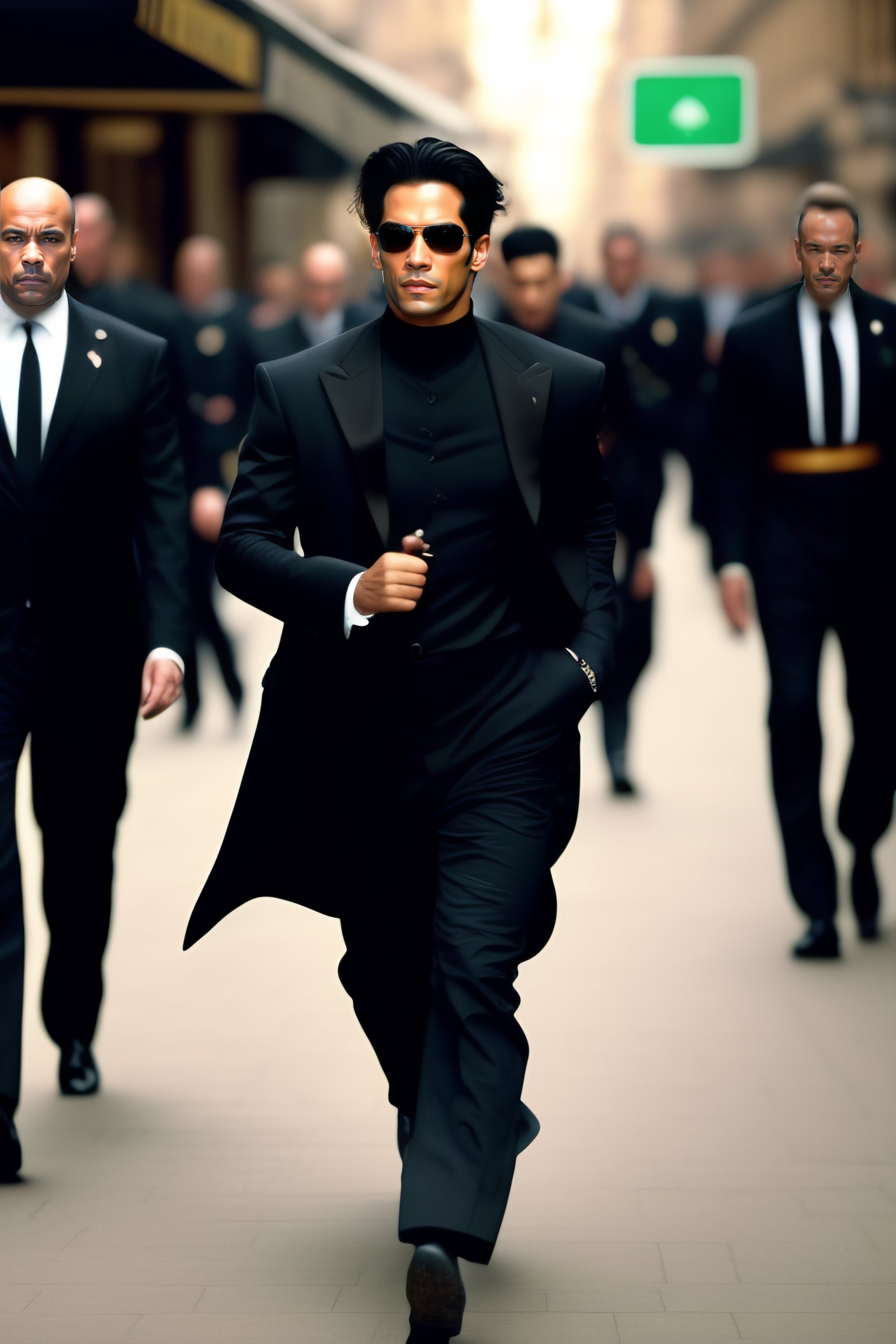 Lexica - Neo in the Matrix running from agents holding a sign saying DBI
