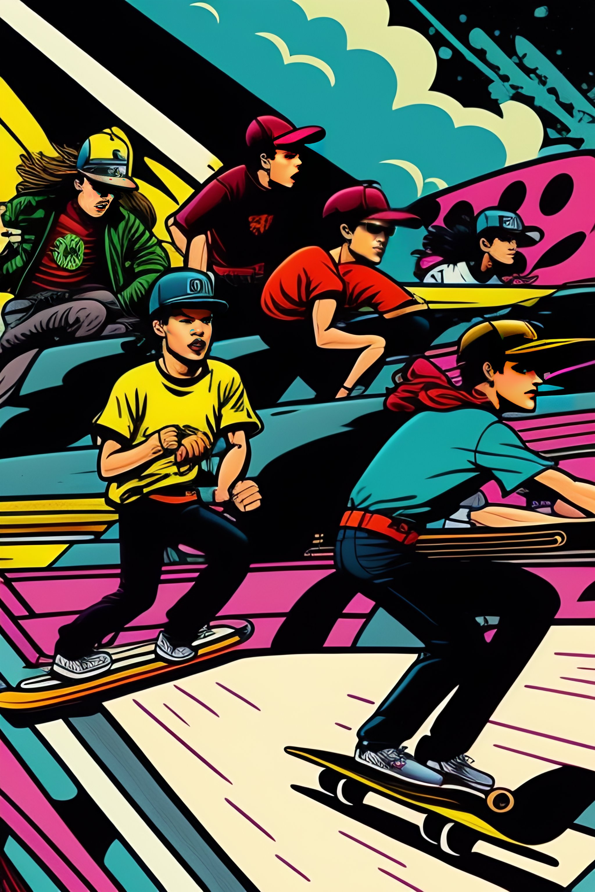 Lexica - 90s comic Graphic art of a bunch of friends riding skateboards ...