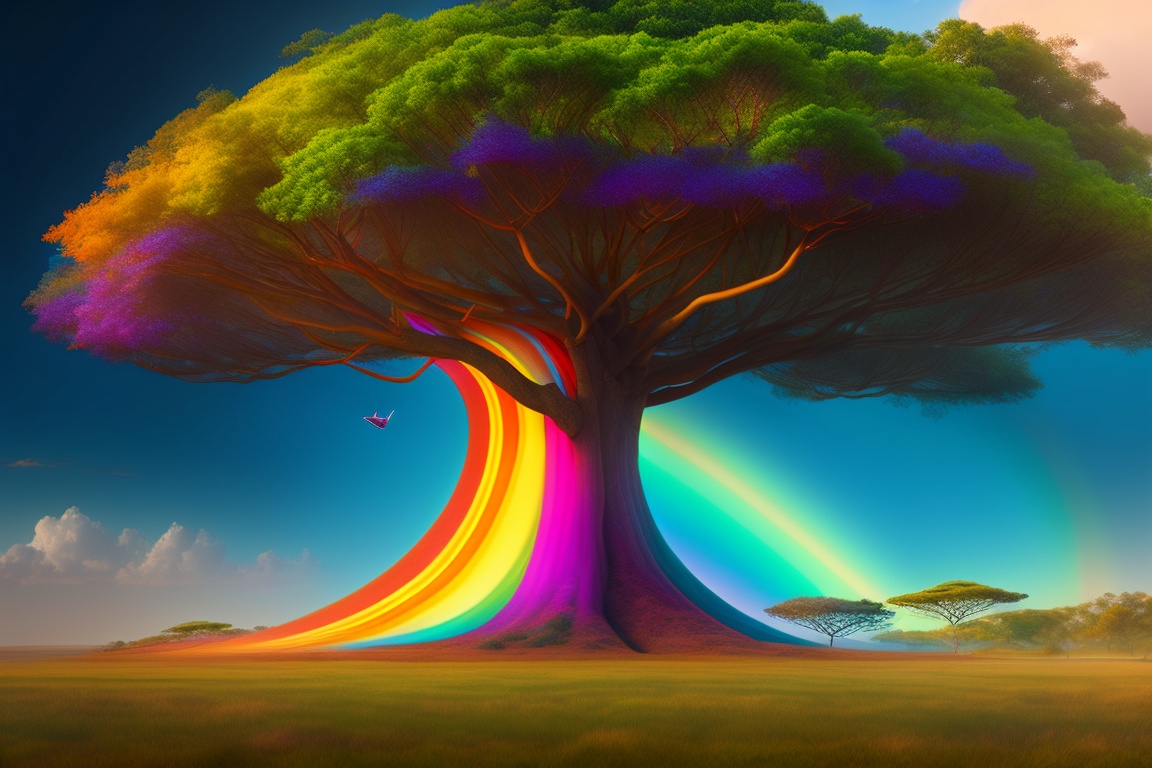 Lexica - 8k photo, banyan tree with rainbow colored trunk, peaceful ...