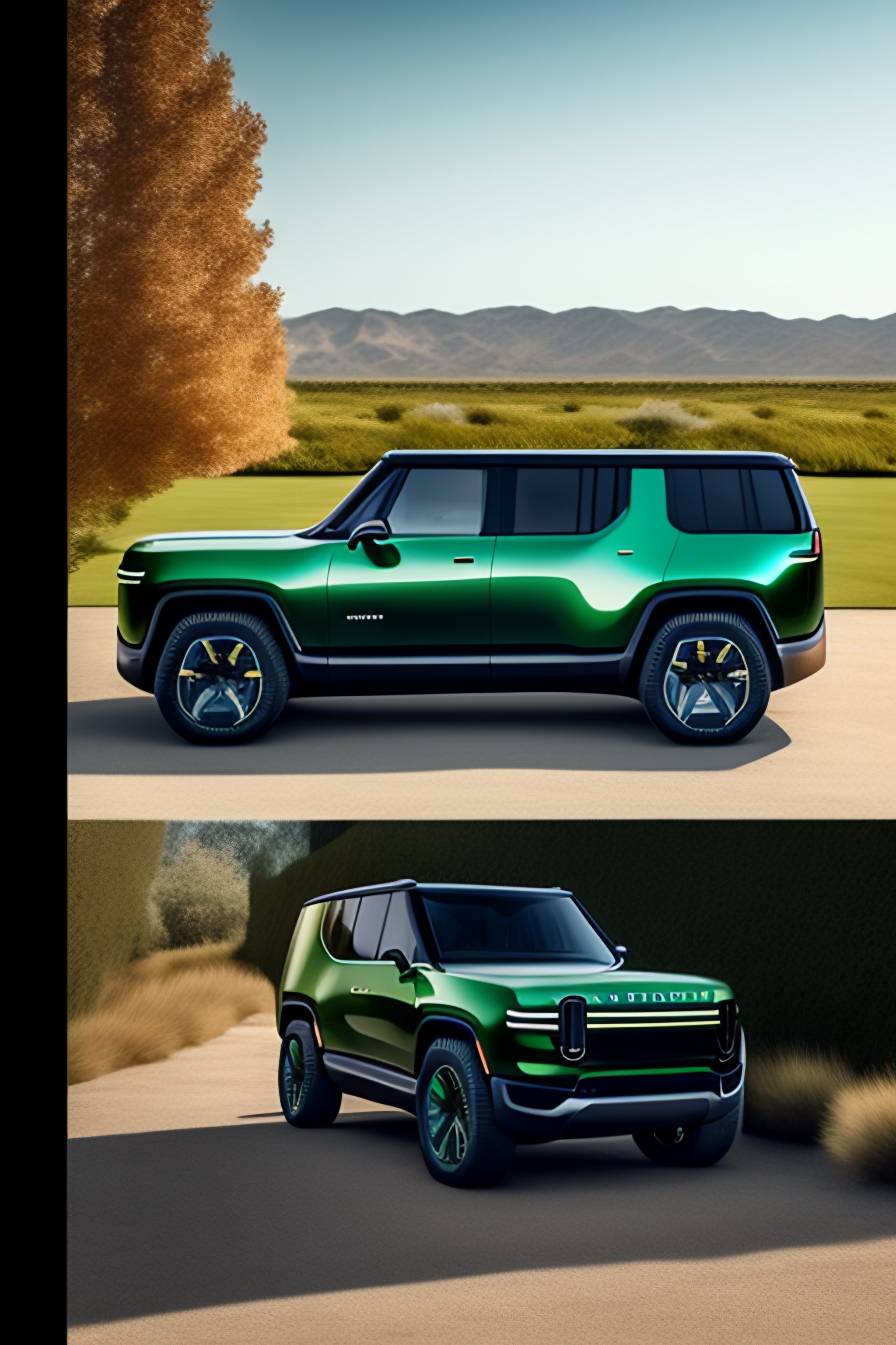 Lexica - Rivian SUV charging outside a traditional USA suburban home