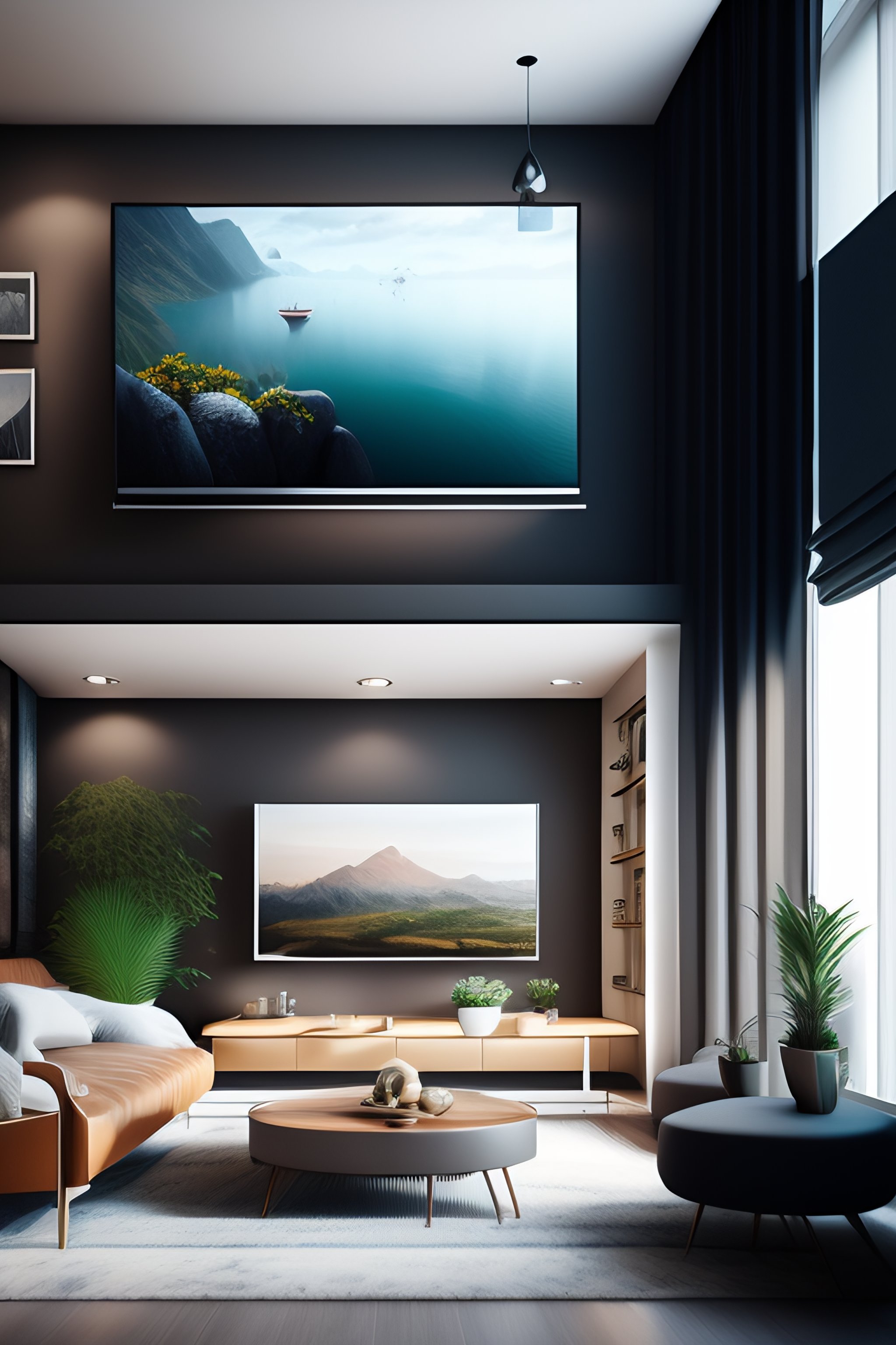 Lexica - A 5 0 meter living room with big television and two plants and ...