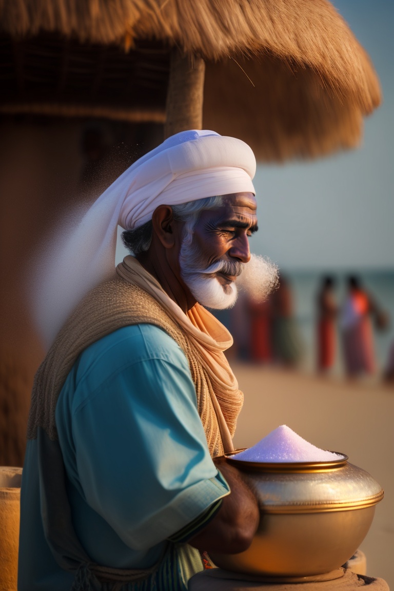 Lexica - Traditional salt maker on the beach, cinematic