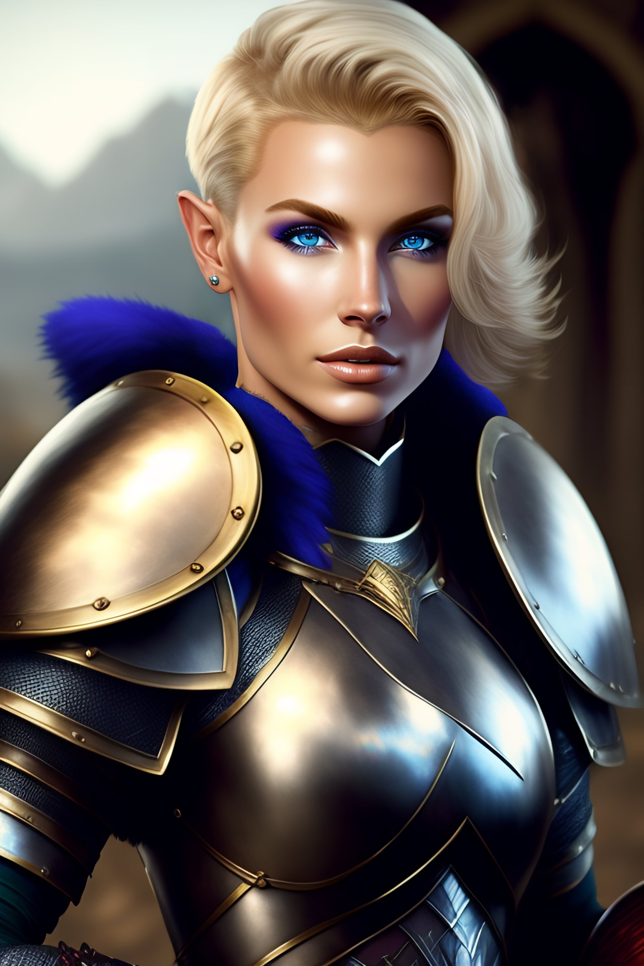 Lexica - Elf fighter ,short blond hair ,blue eyes ,black full plate ...