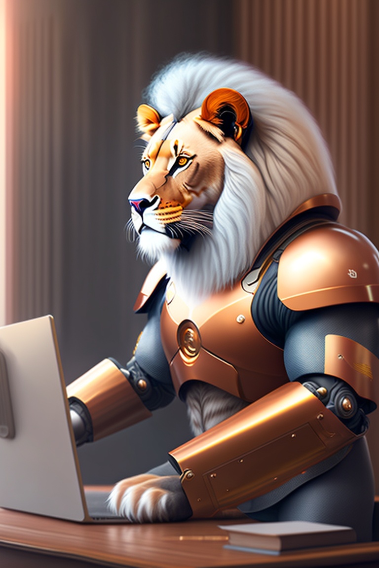 Lexica - Lion in a robotic uniform , in a suit , showing grandeur ...