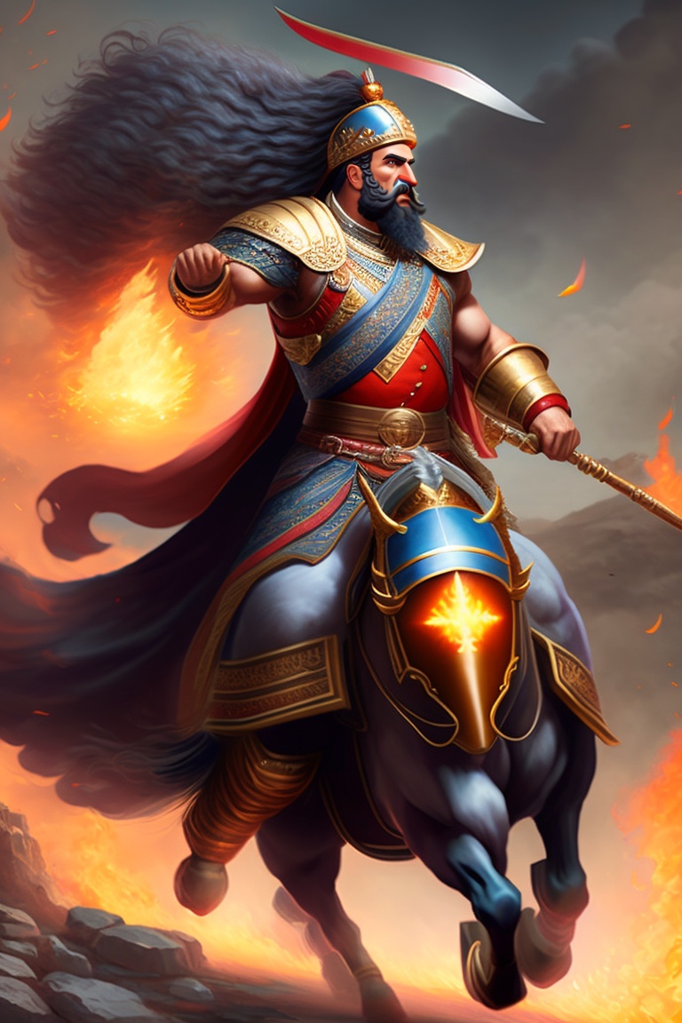 Lexica - Ancient Persian general charging in to a fiery battlefield ...