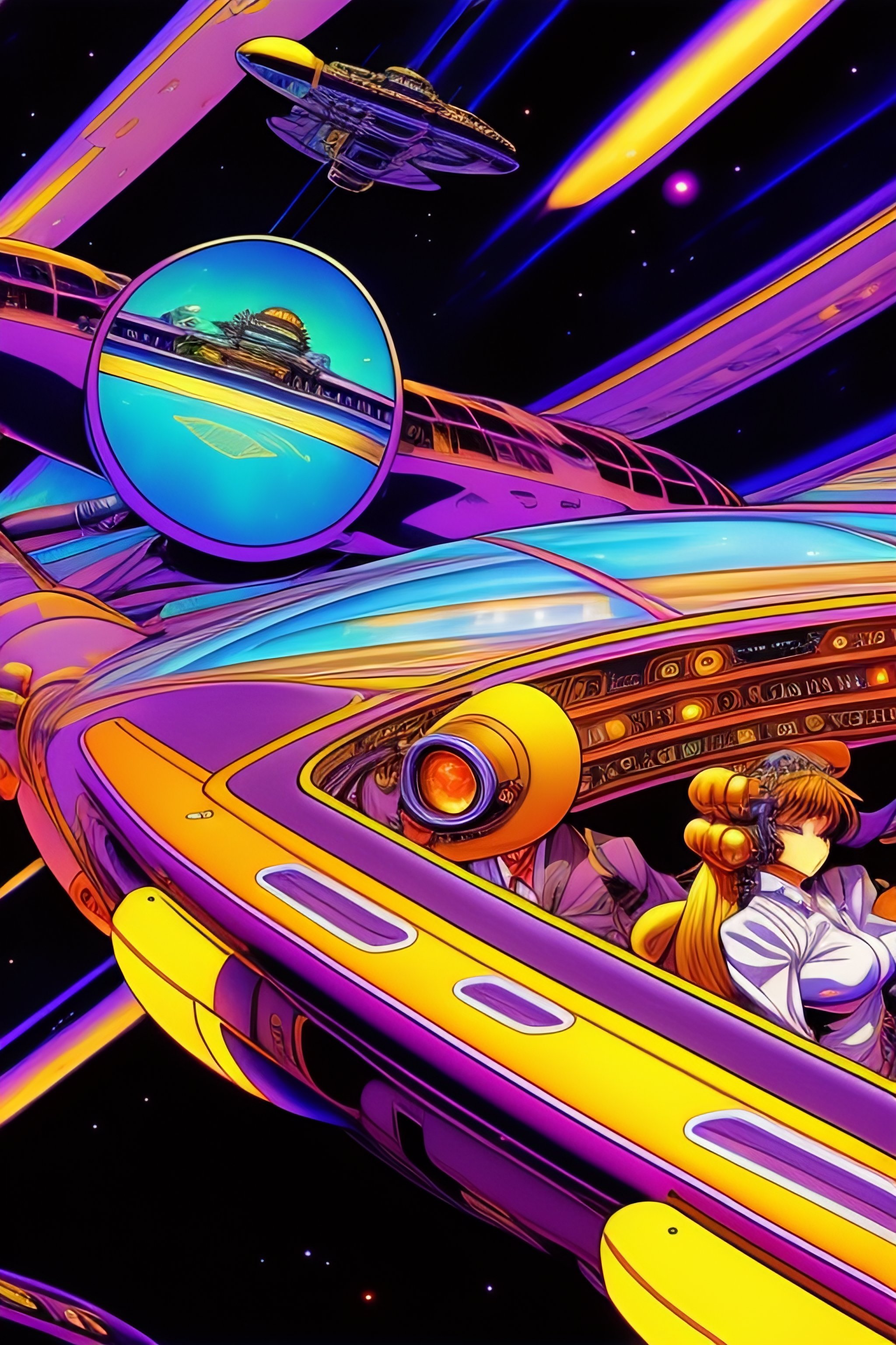 Lexica - Vintage 90's anime style. cluttered starship interior; captain ...
