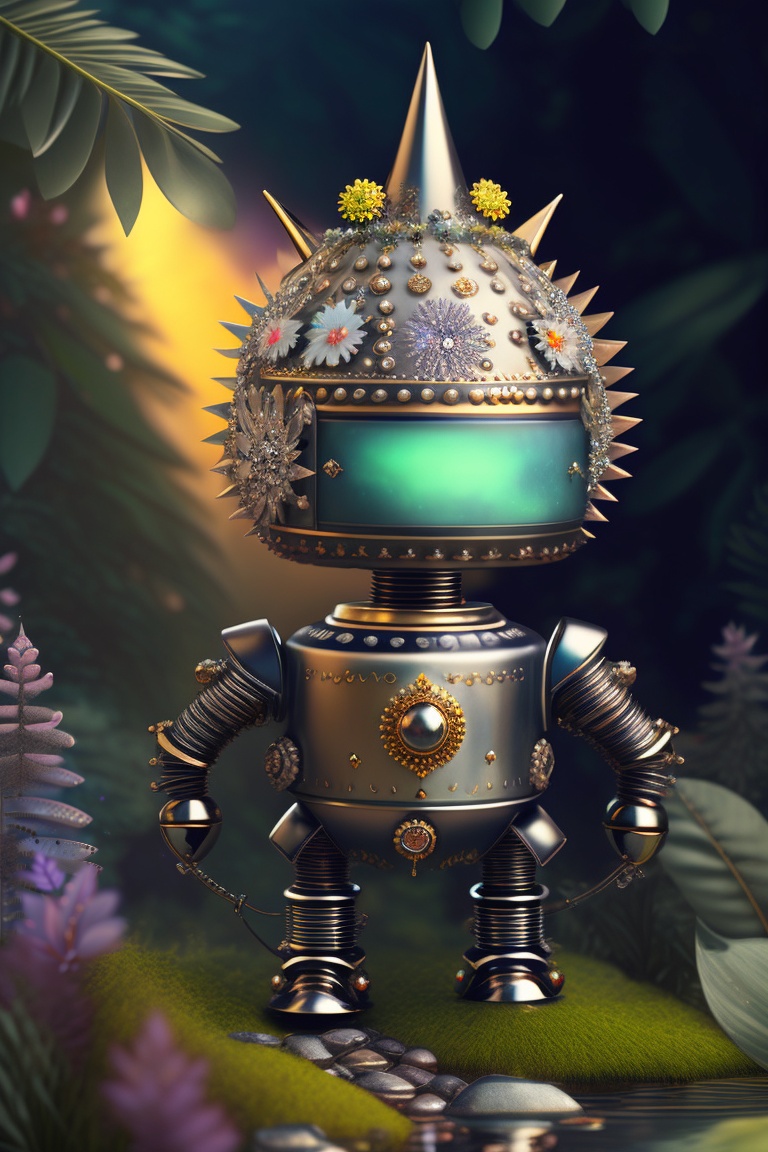 Lexica - Magic trippy silver 1950;s spiked robot with attitude, jewel encrusted, spiked flowers ...