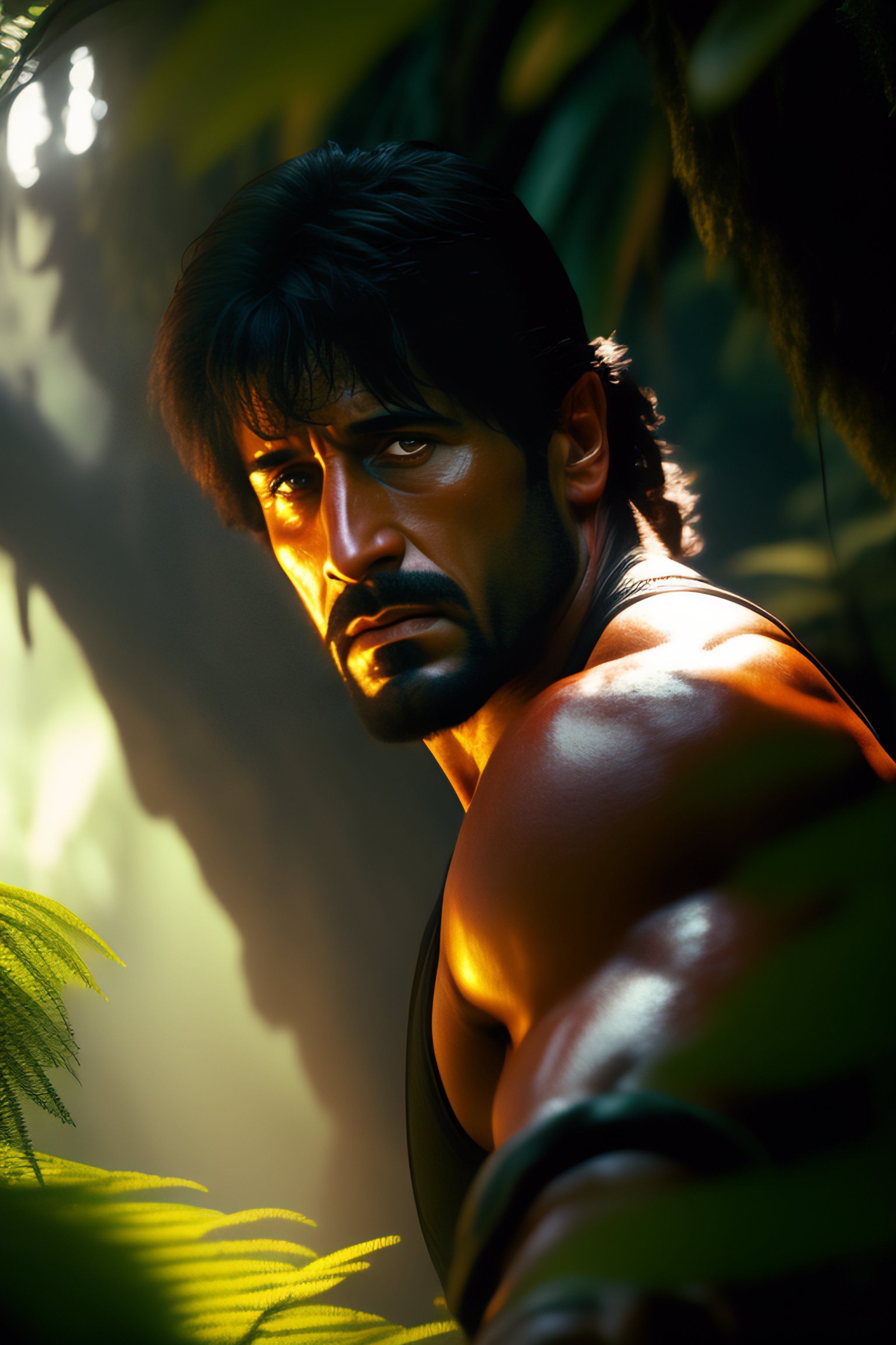 Lexica - Action shot of john rambo in a jungle, cinematic lighting ...
