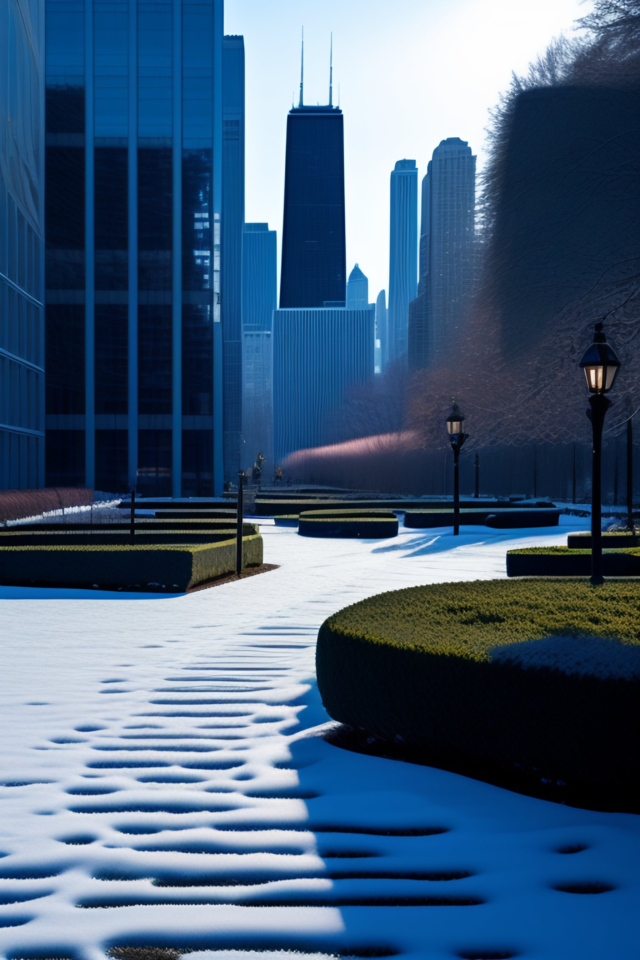 Lexica - Chicago weak blue light streets cold tones and blueish grass ...