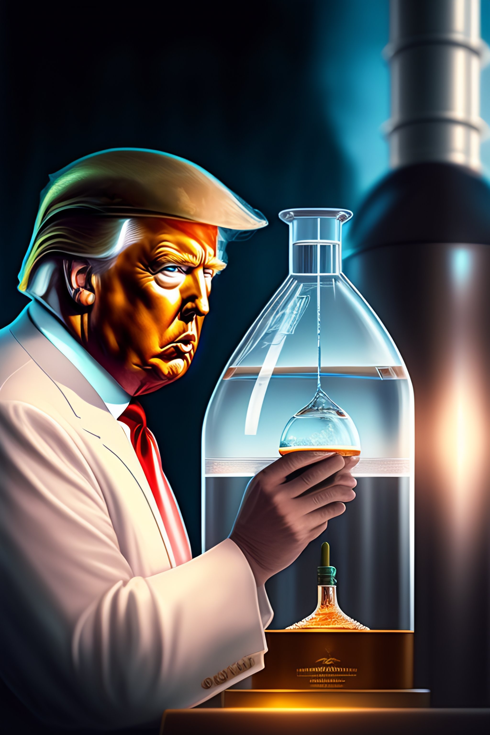 Lexica - Donald Trump holds a ehrlenmeyer flask at eye level, wearing a ...