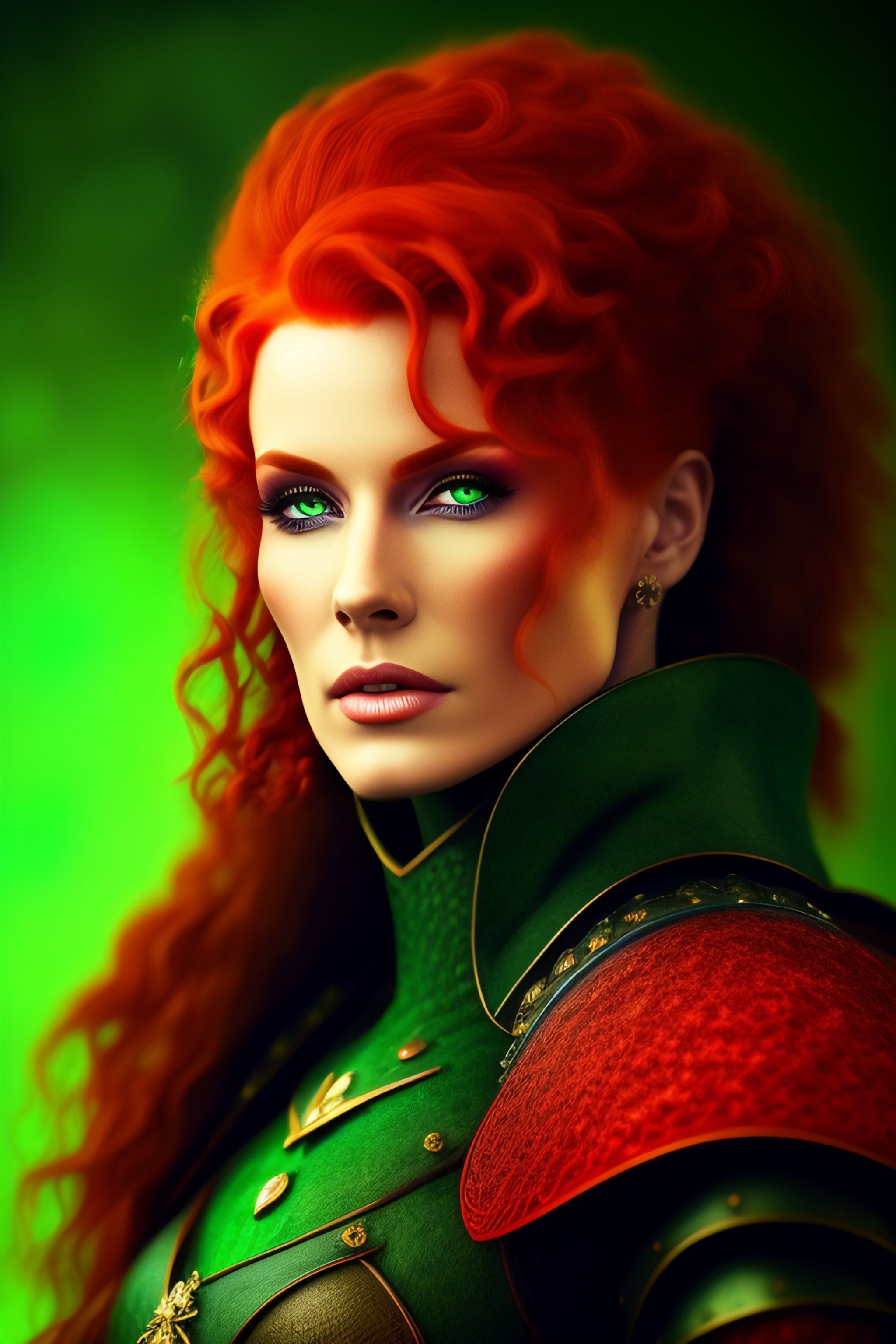 Lexica - A close-up of a Scottish woman with wild red hair in green ...