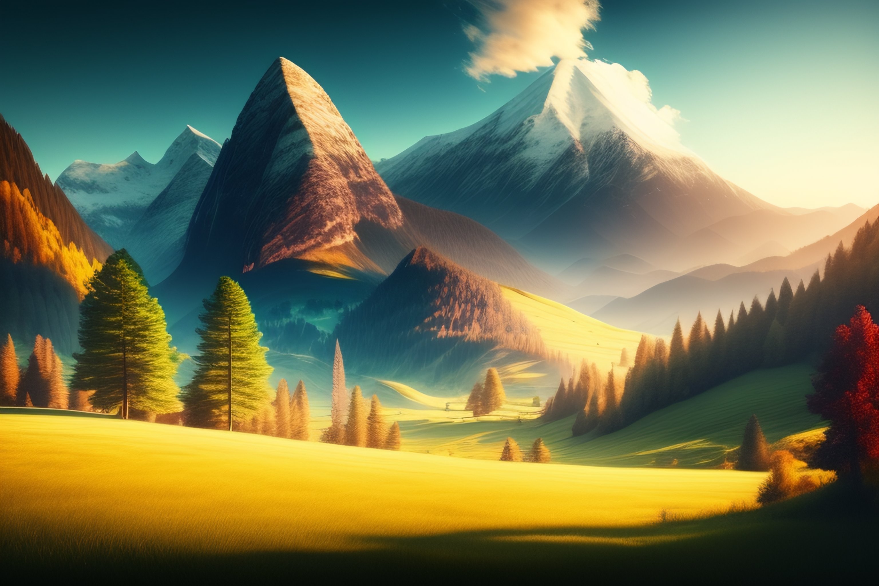 Lexica - Beautiful sunny grass landscape background trees and mountains