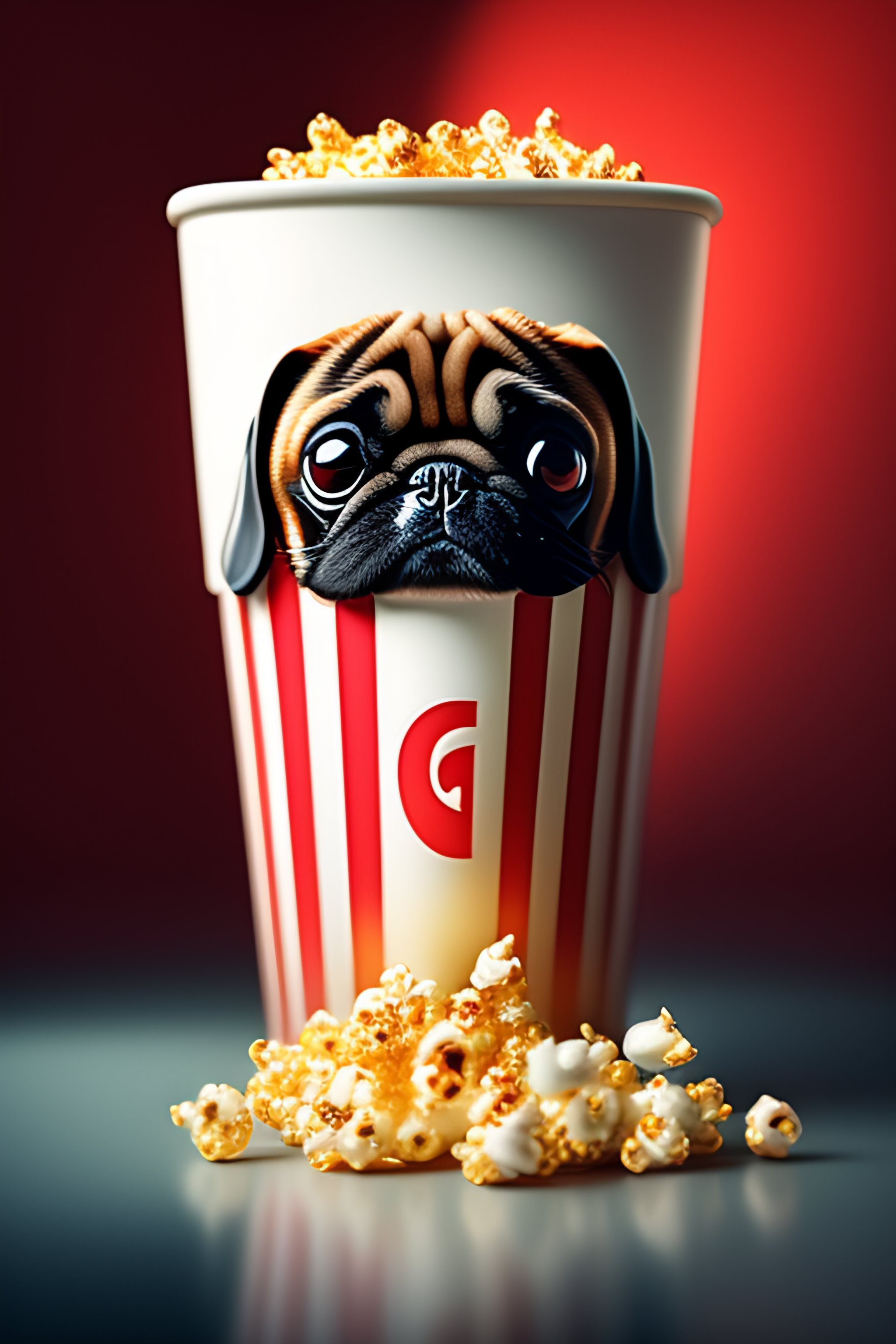 Lexica - A highly detailed long shot photo, pug dog looking a popcorn ...