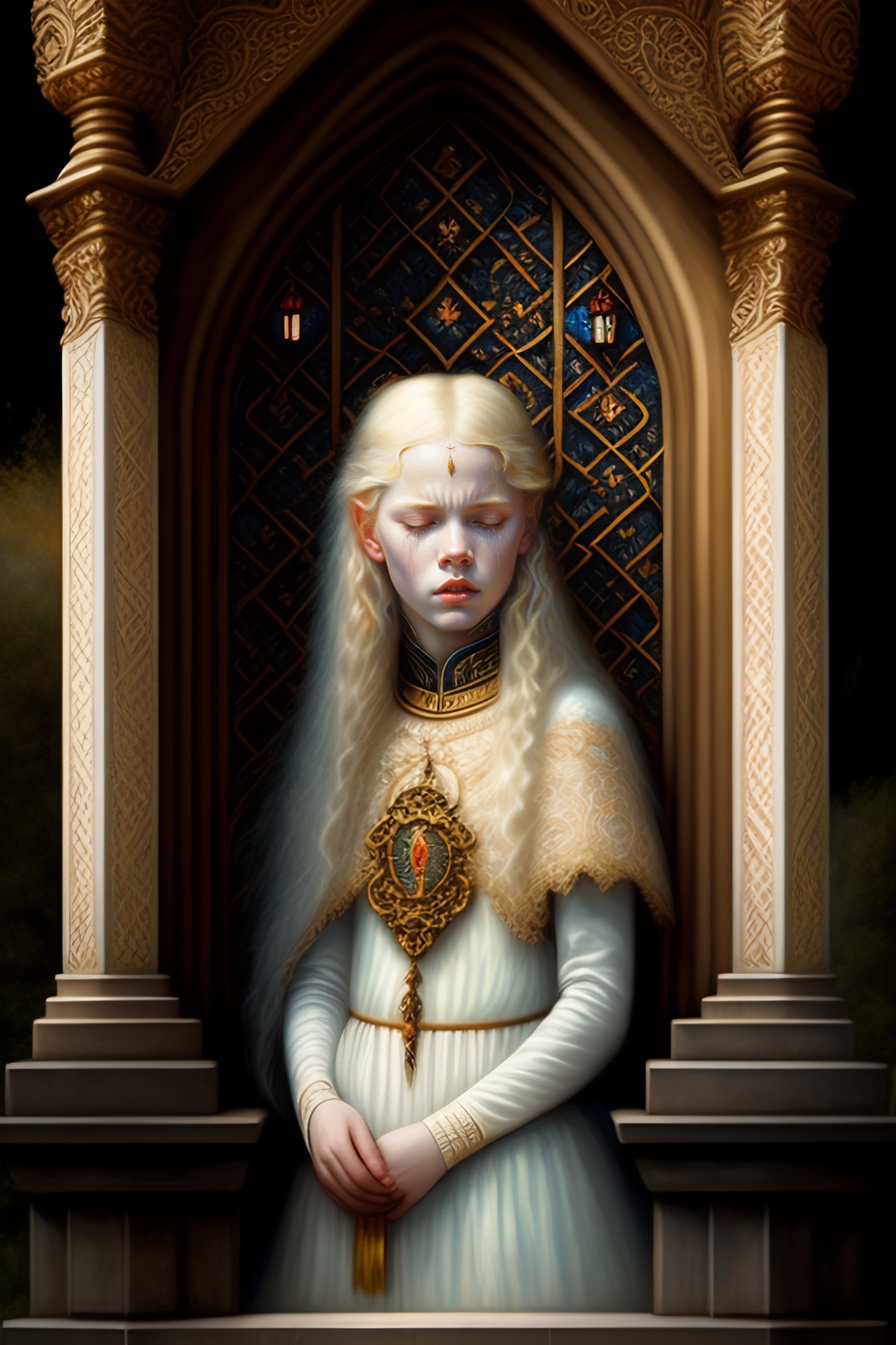 Lexica - 12 years old crying albino vampire female in a temple sitting ...
