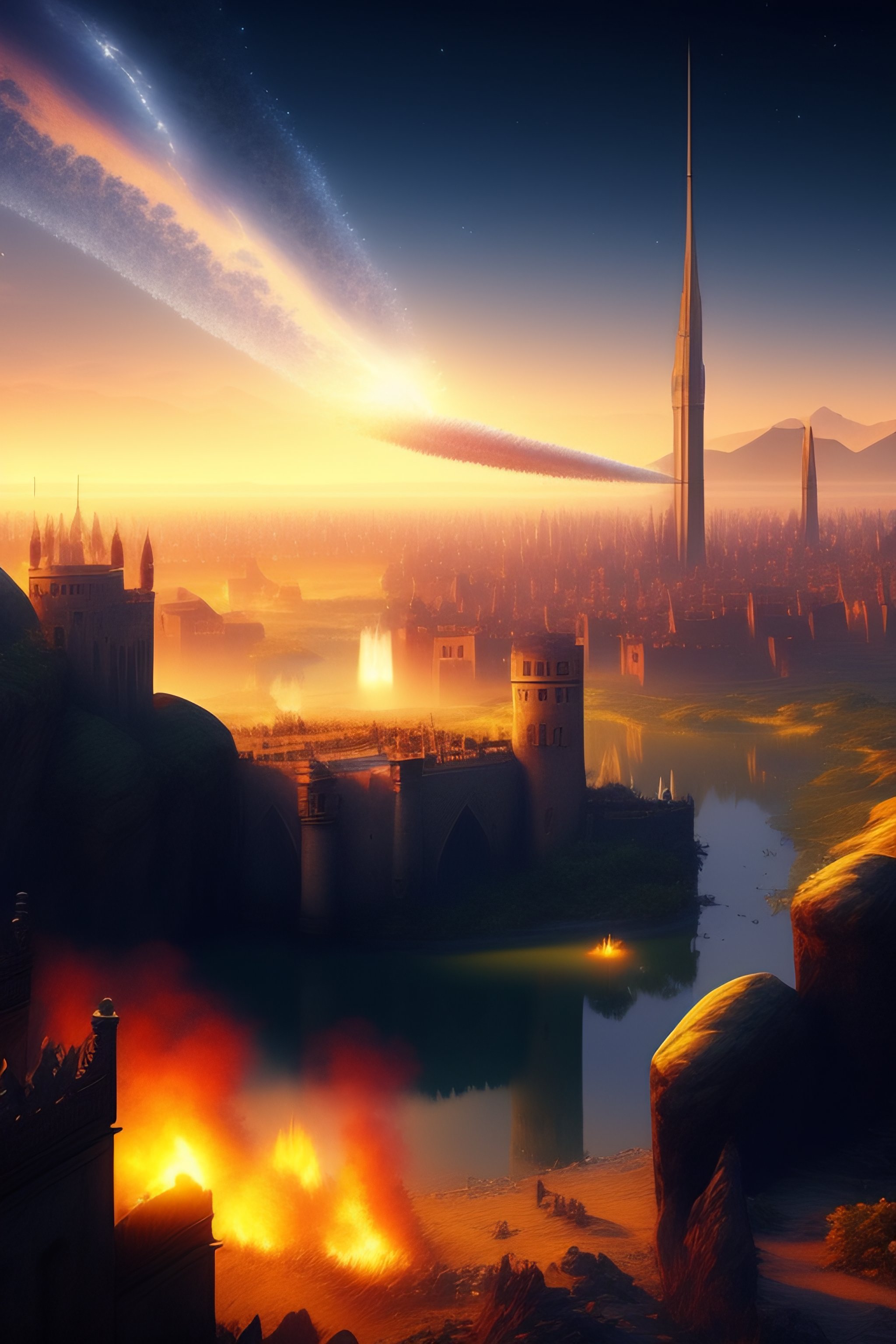 Lexica - An illustration of apocalyptic medieval city. huge meteor impact