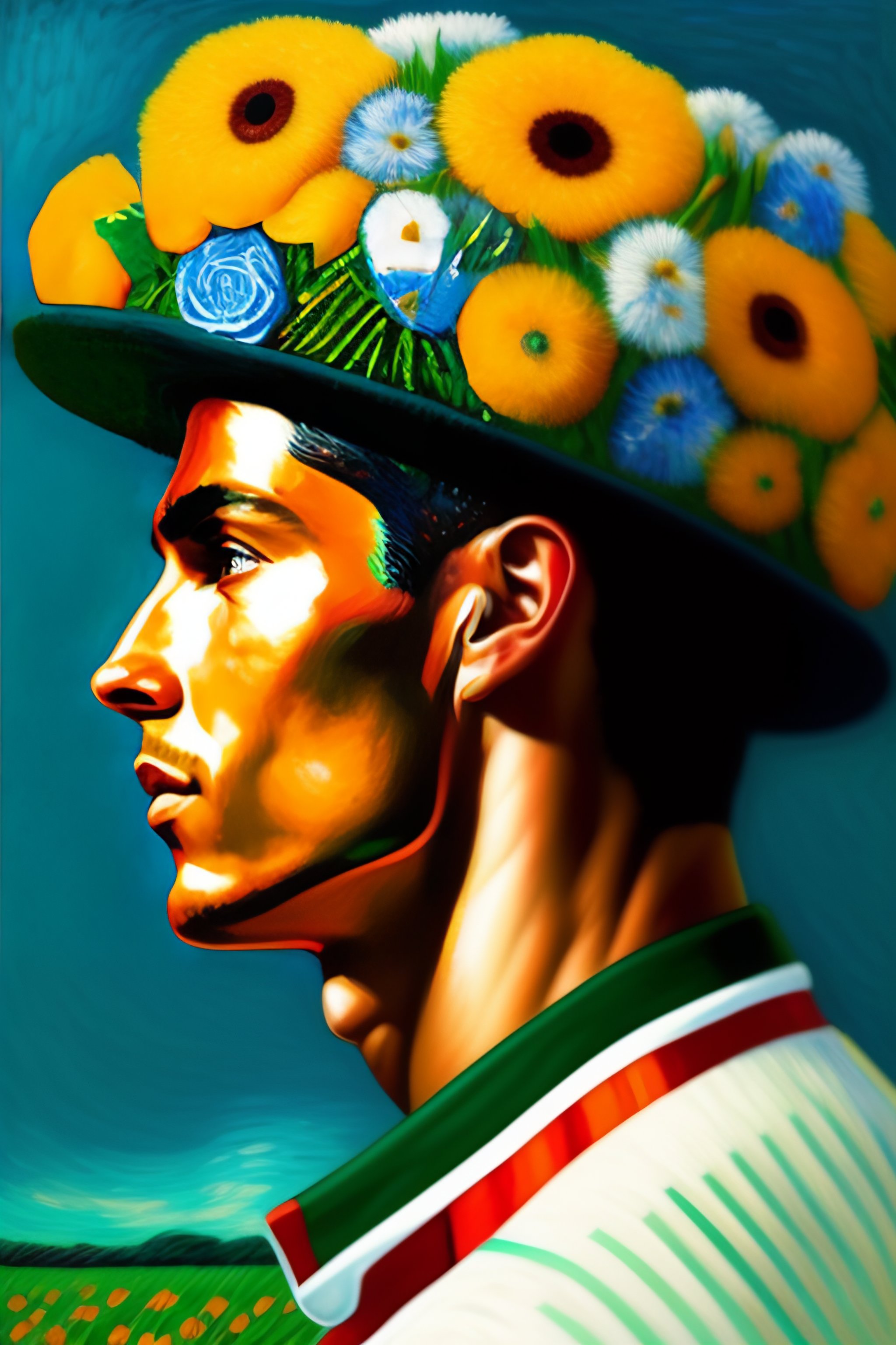 Lexica - A portrait of Cristiano Ronaldo with a hat of flowers, by Van Gogh