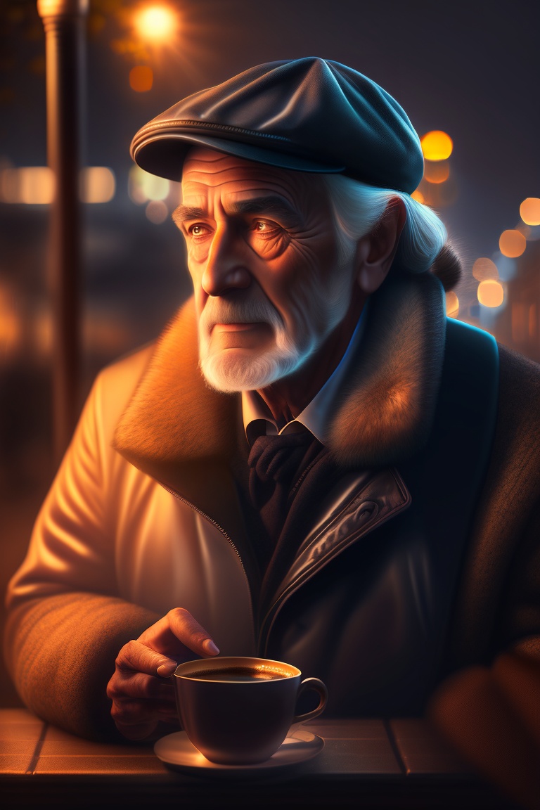 Lexica - Portrait of a old man take a cofee, city background, by night ...