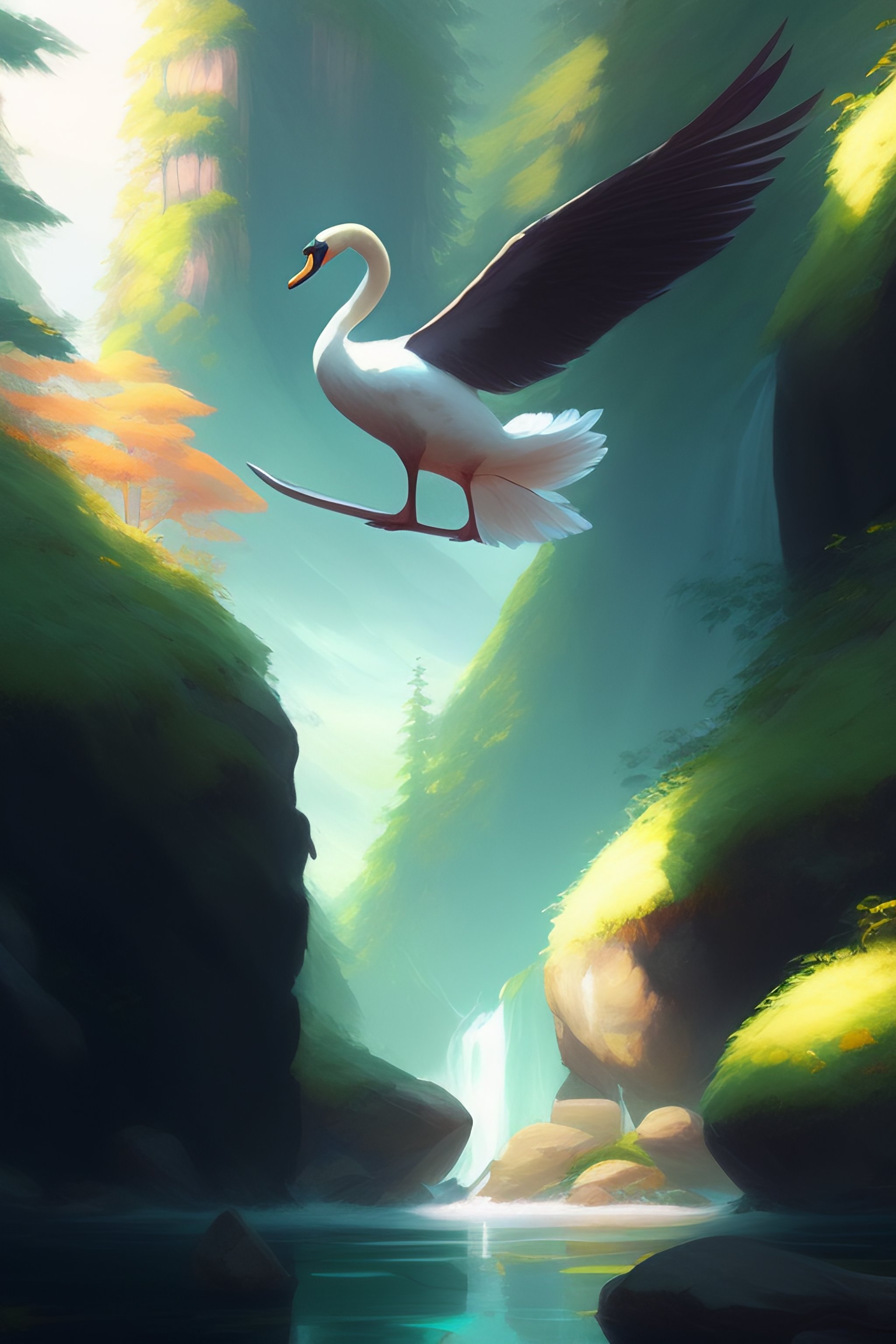 Lexica - A swan with two wings flying though a forest, wide, trees ...