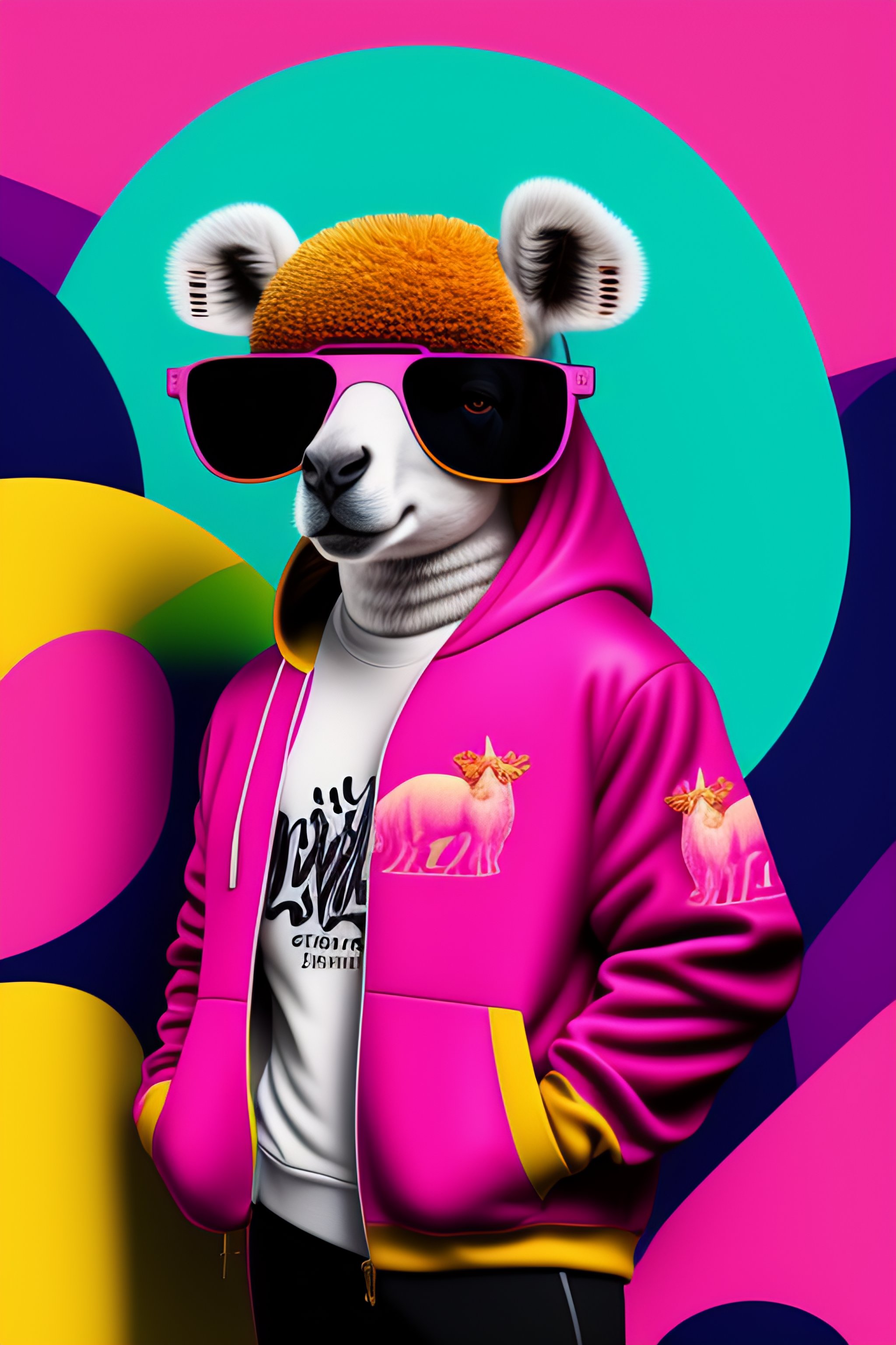 Lexica - A stuffed llama wearing a pink jaguar print hoodie and gold ...