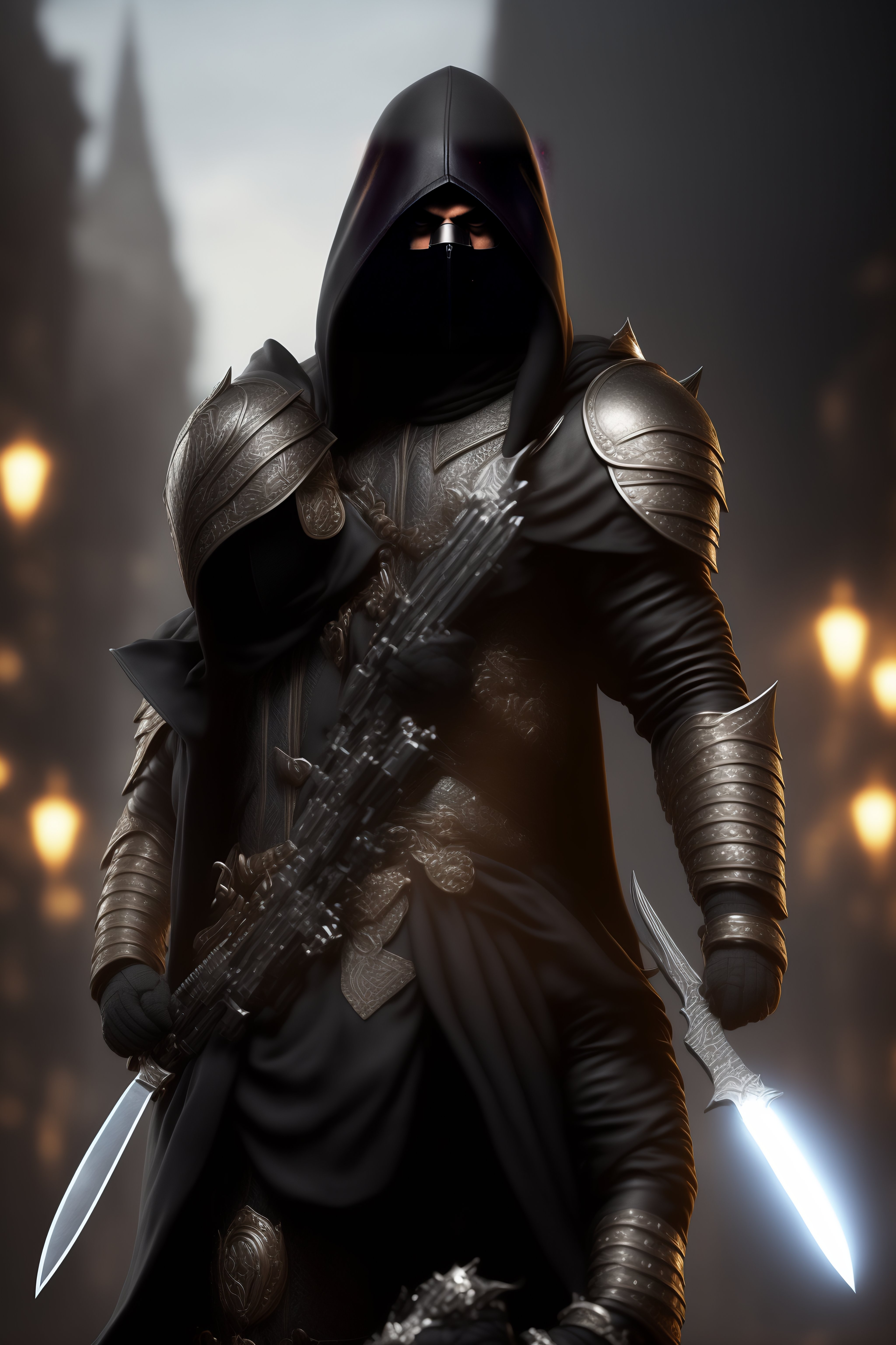 Lexica - Full body picture of a masked male assassin holding a two ...