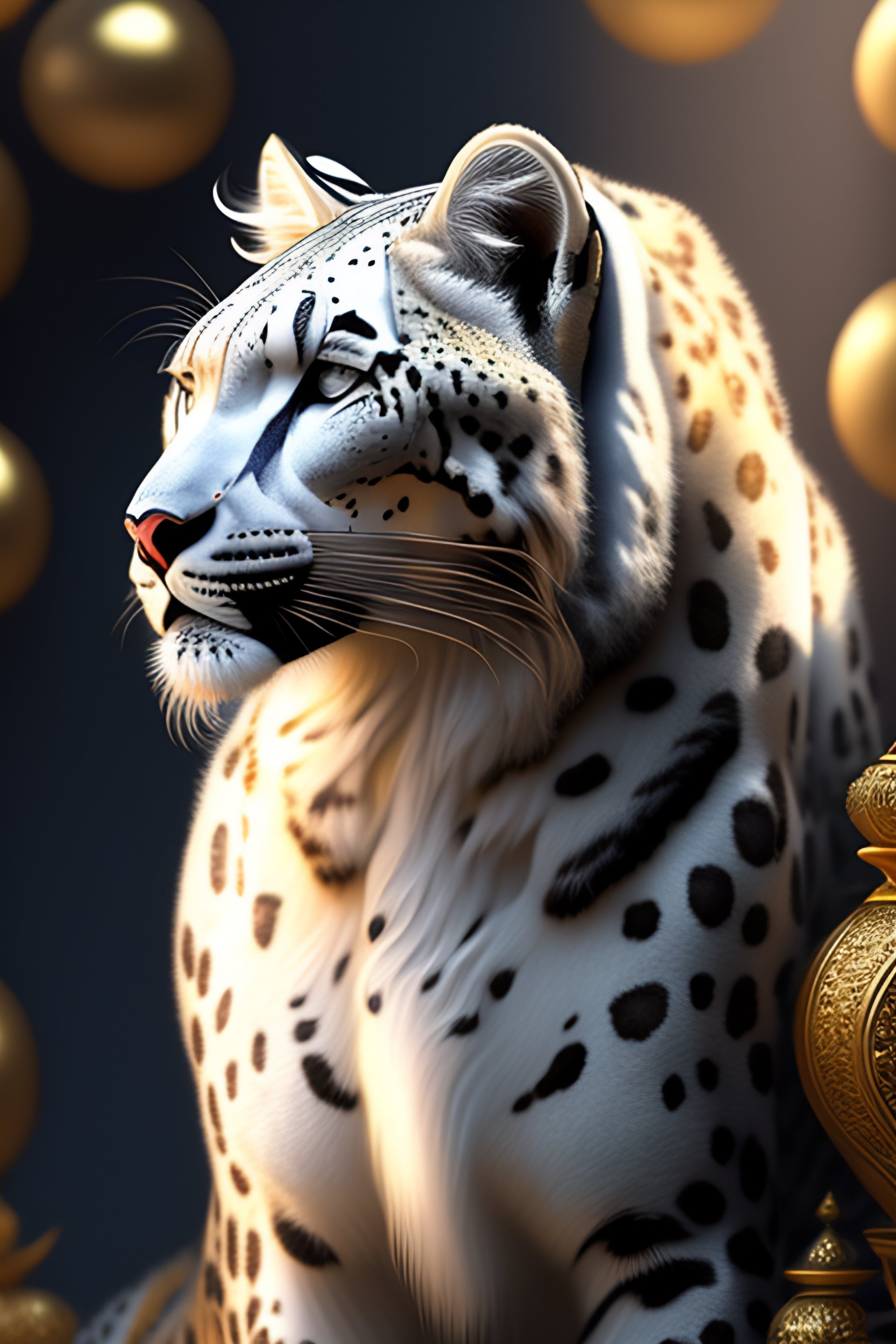 Lexica - The whole body of a majestic white fluffy realistic snow leopard with intricate gold ...