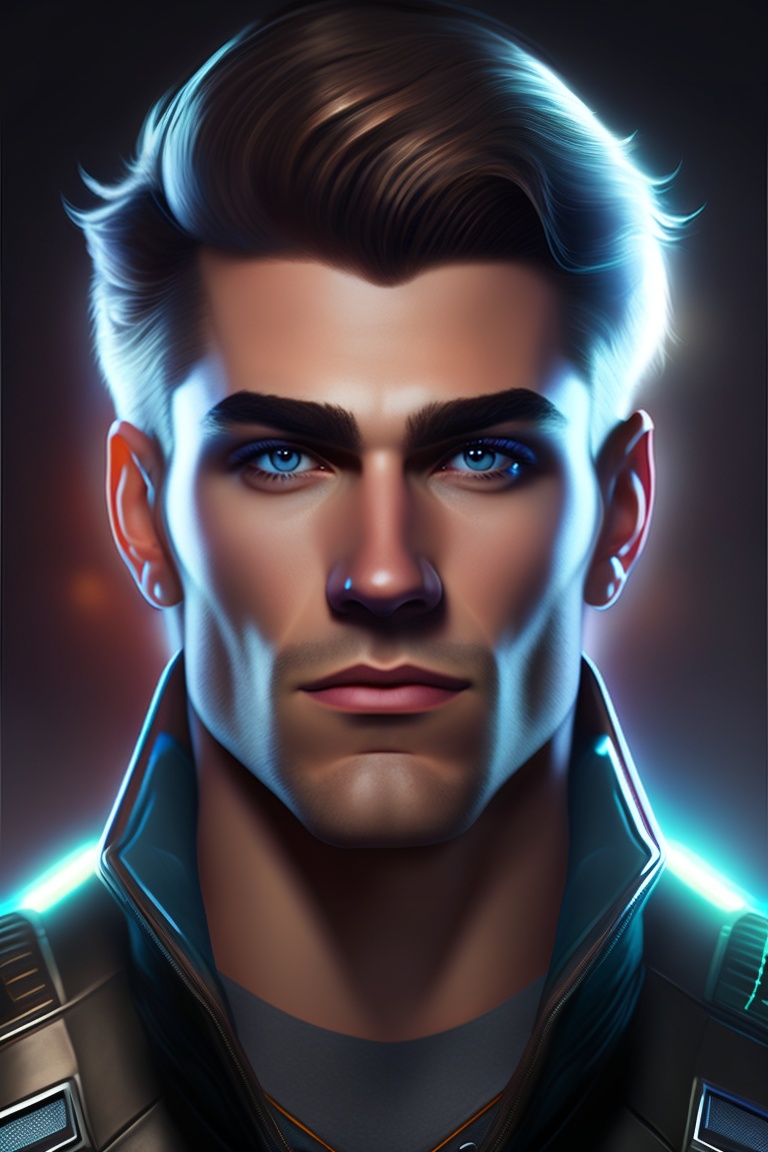 Lexica - Gamer man, front face, dark background