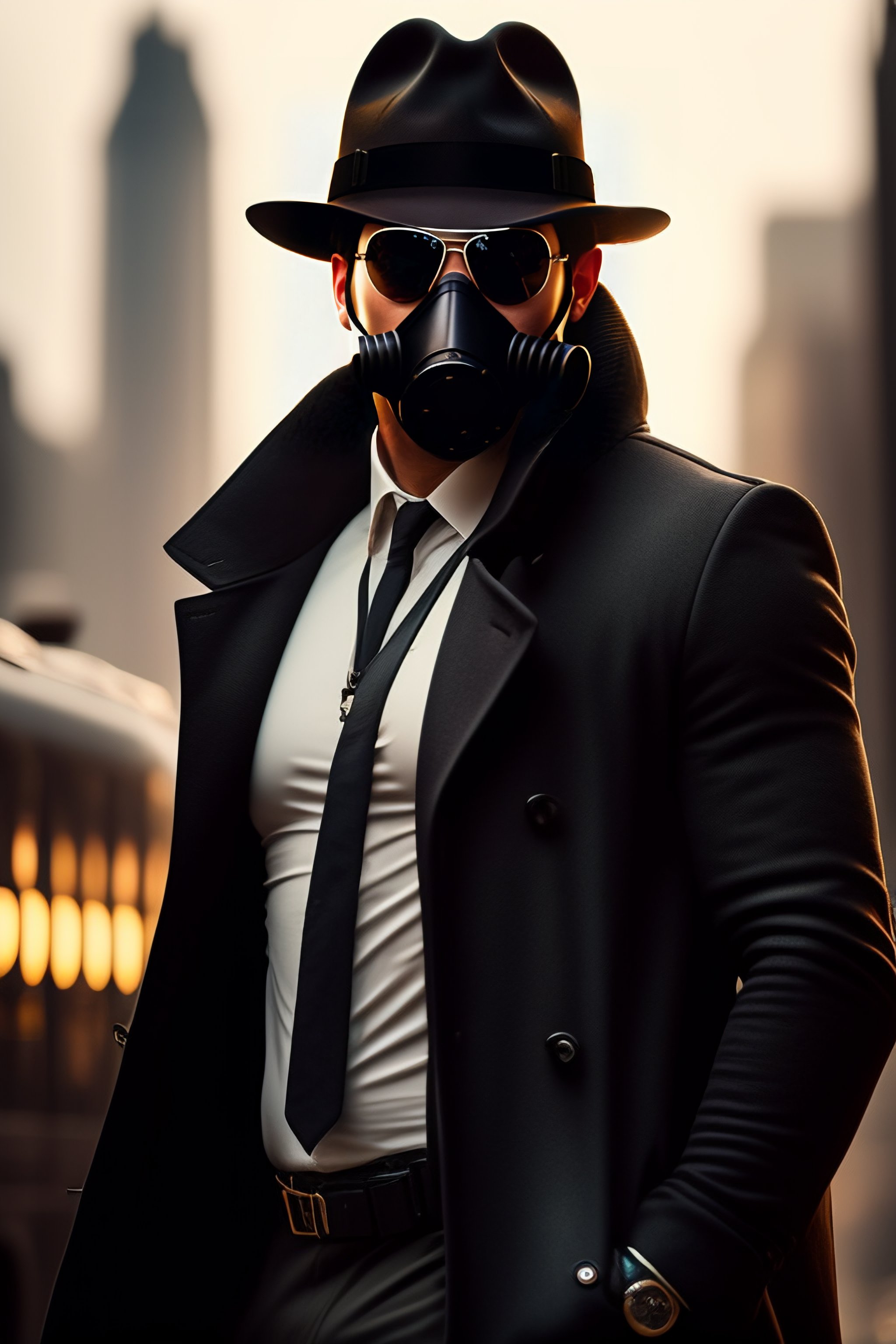 Lexica - Detective, fedora hat, black trenchcoat, gasmask, sunglasses ...
