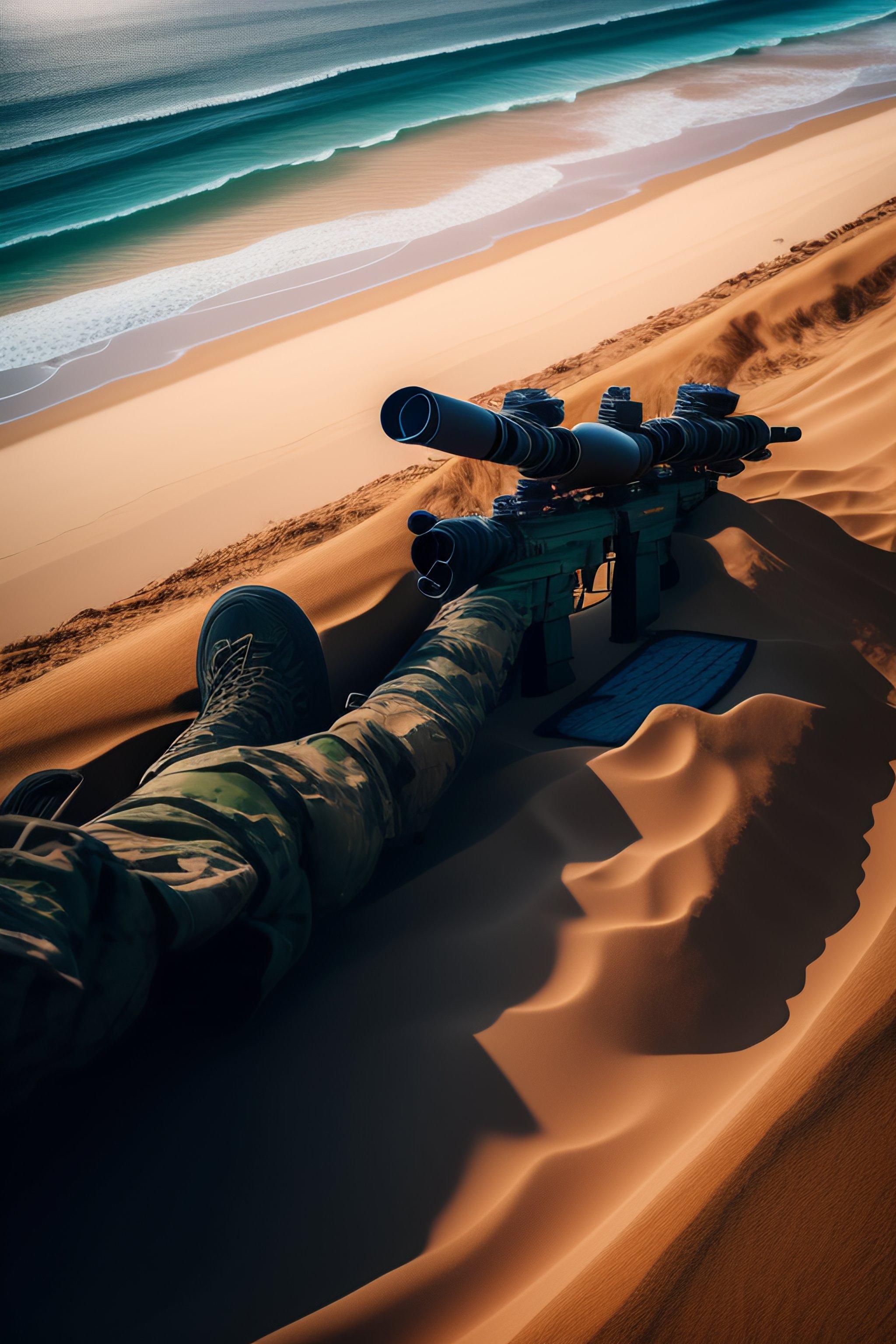 Lexica - Full frame, drone shot, a beautiful female sniper lying flat ...
