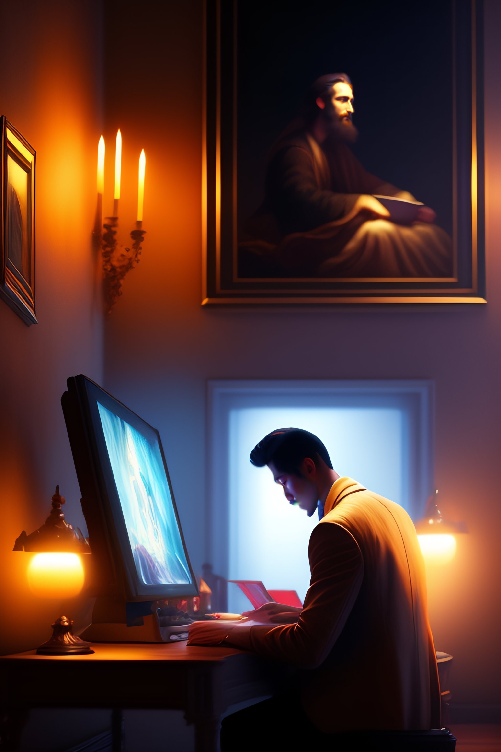 Lexica - Beautiful man typing email with a painting on the wall by ivan ...
