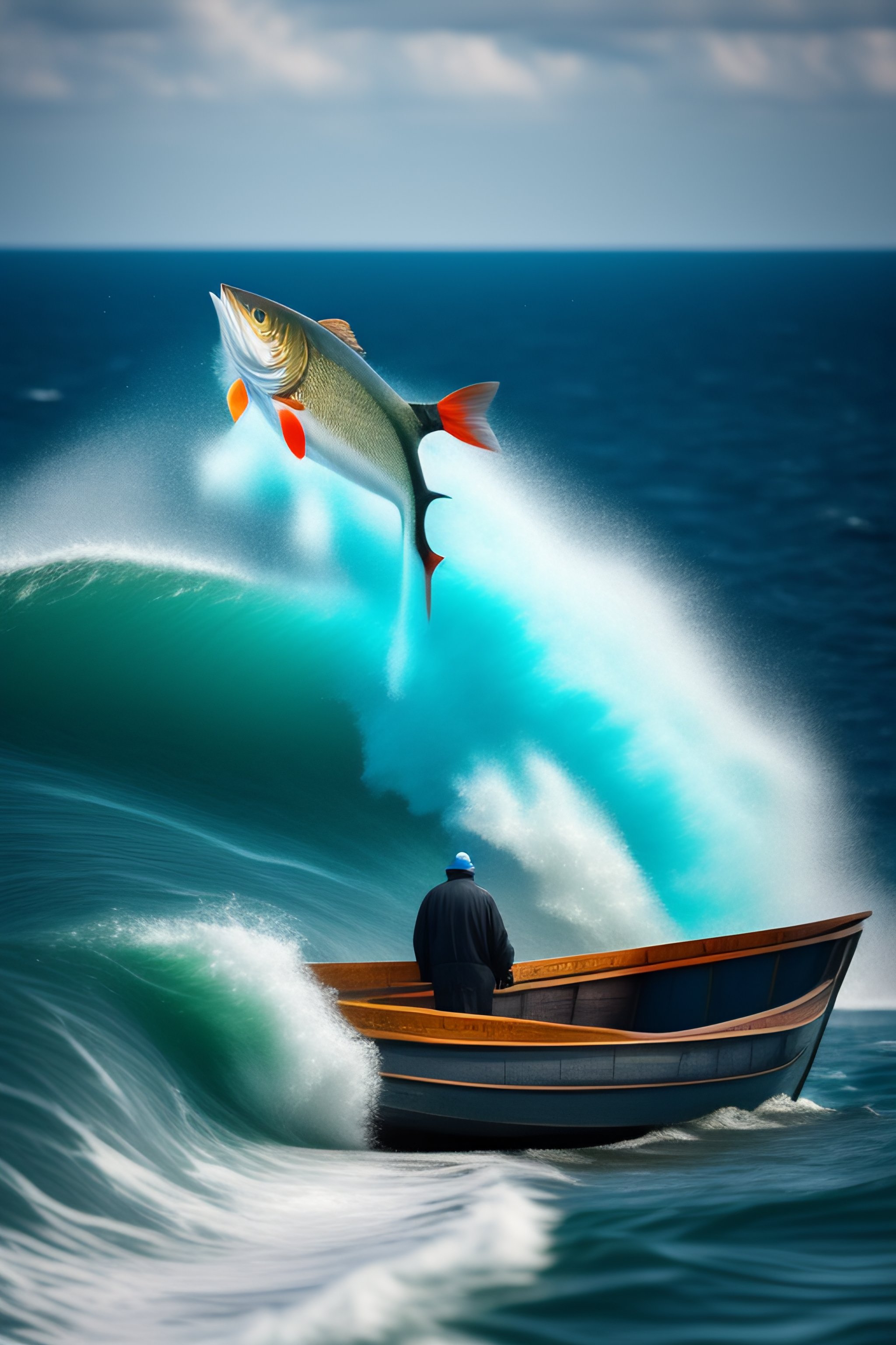 Lexica - Old fisherman on the ocean in a boat watching a huge fish ...