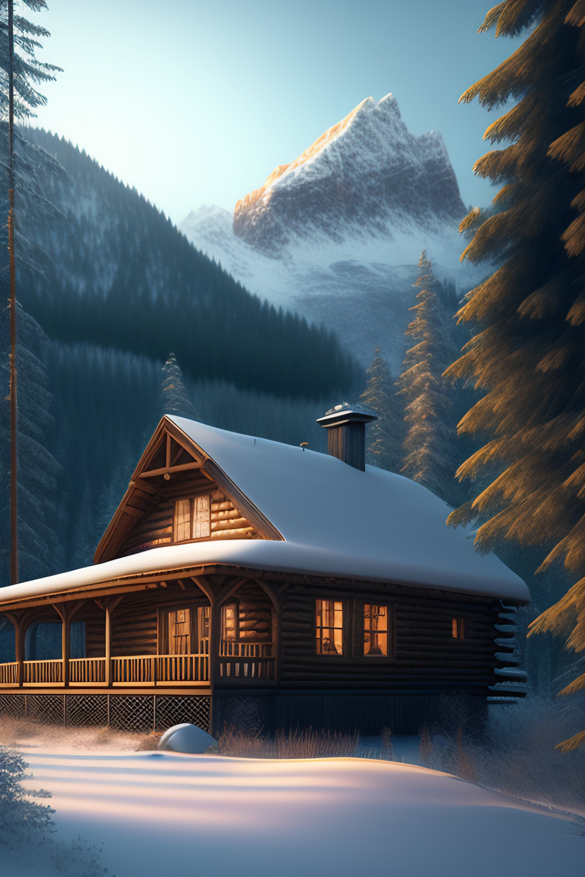 Lexica - Cabin in the woods, friendly bears, snowy mountains, perfect symmetry, post-processing ...