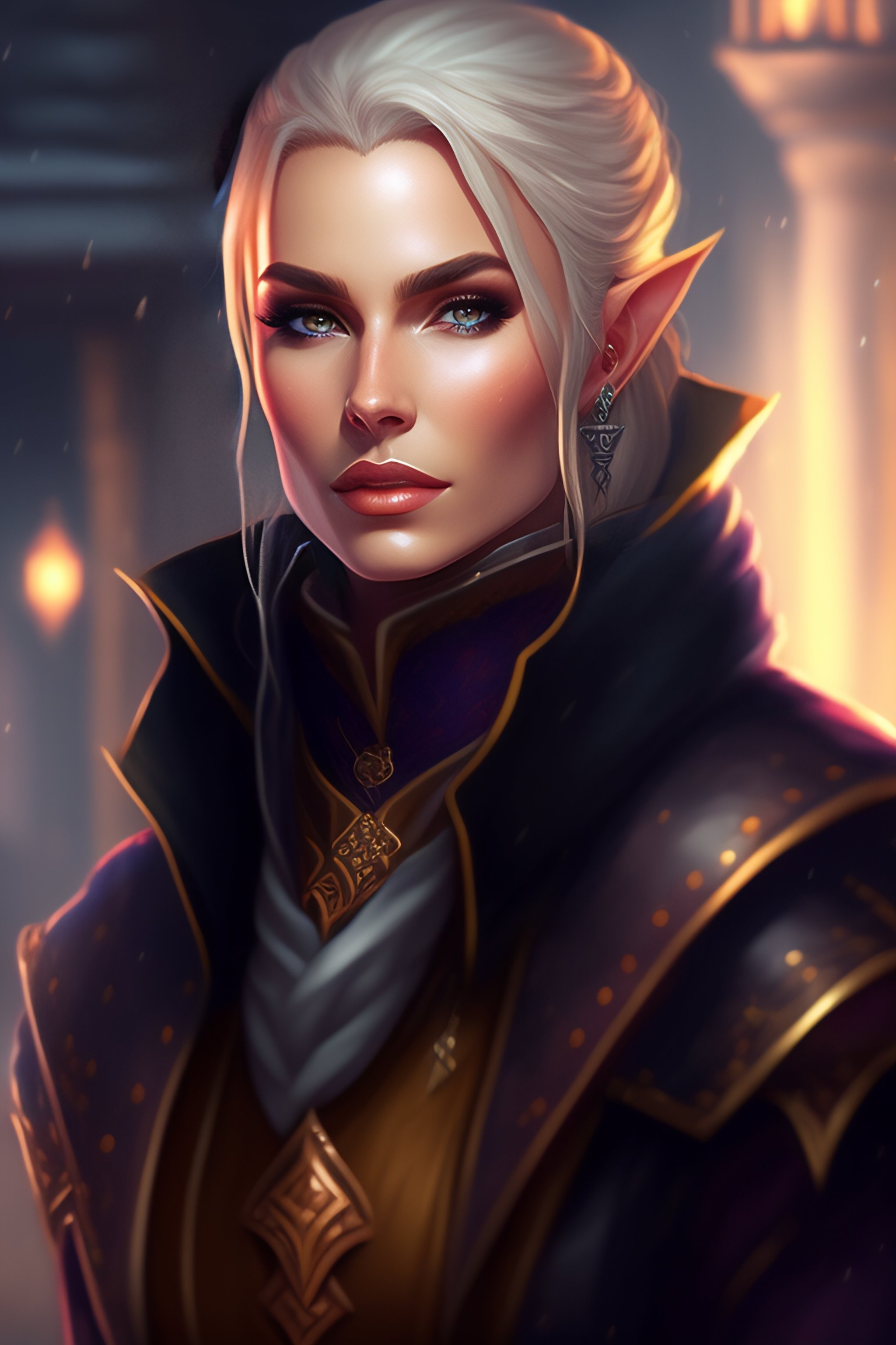 Lexica - Dnd charater, halh human, half elf, wearing a coat, elf ears ...