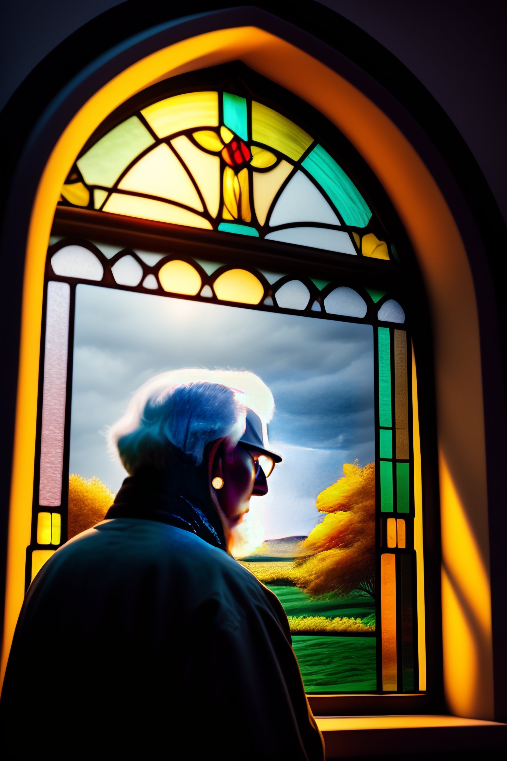 Lexica - An old man gazing out of a stained glass window