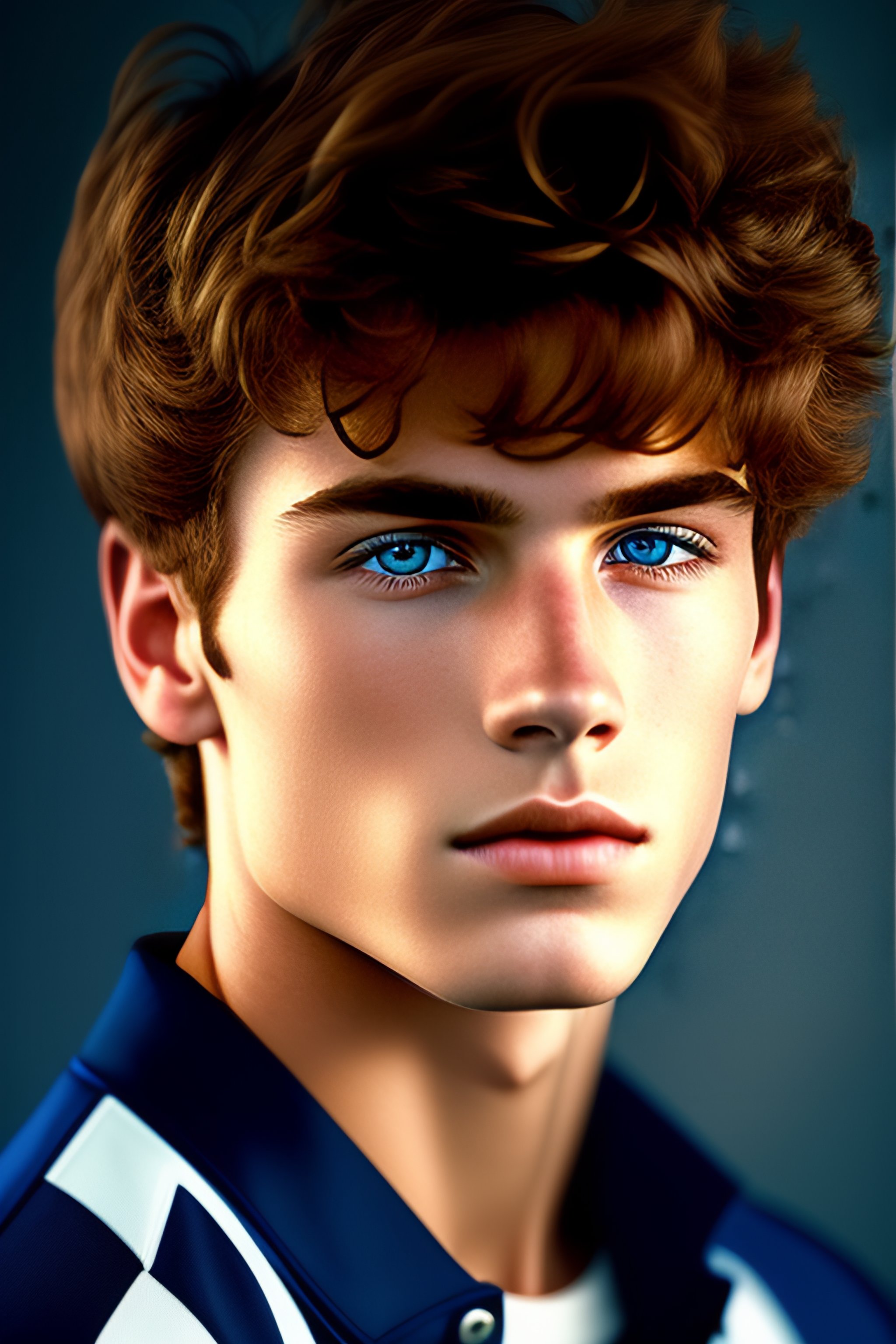 Lexica - Close-up photo of a 18 years old man wth brown hair and blue eyes.