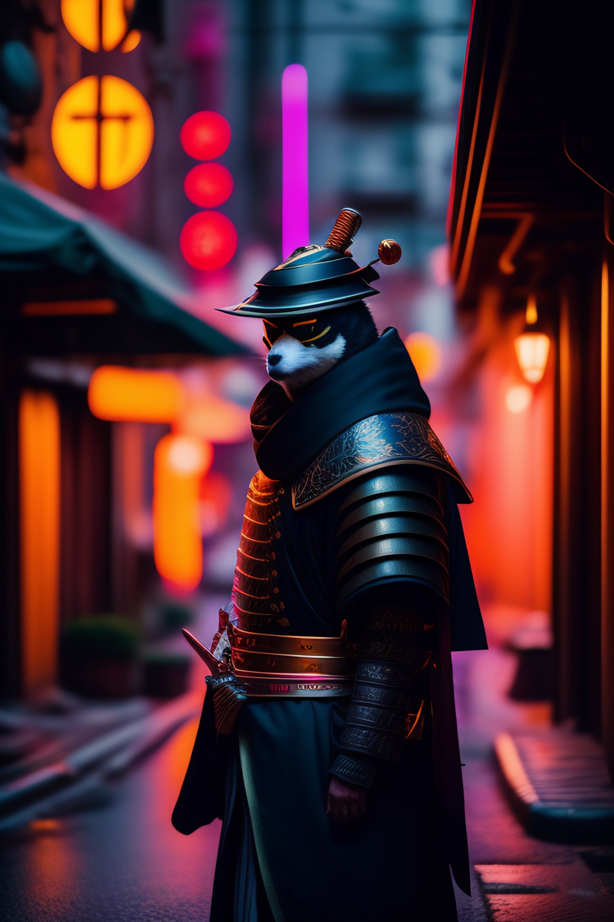 Lexica - Samurai pepe in a cyberpunk alley