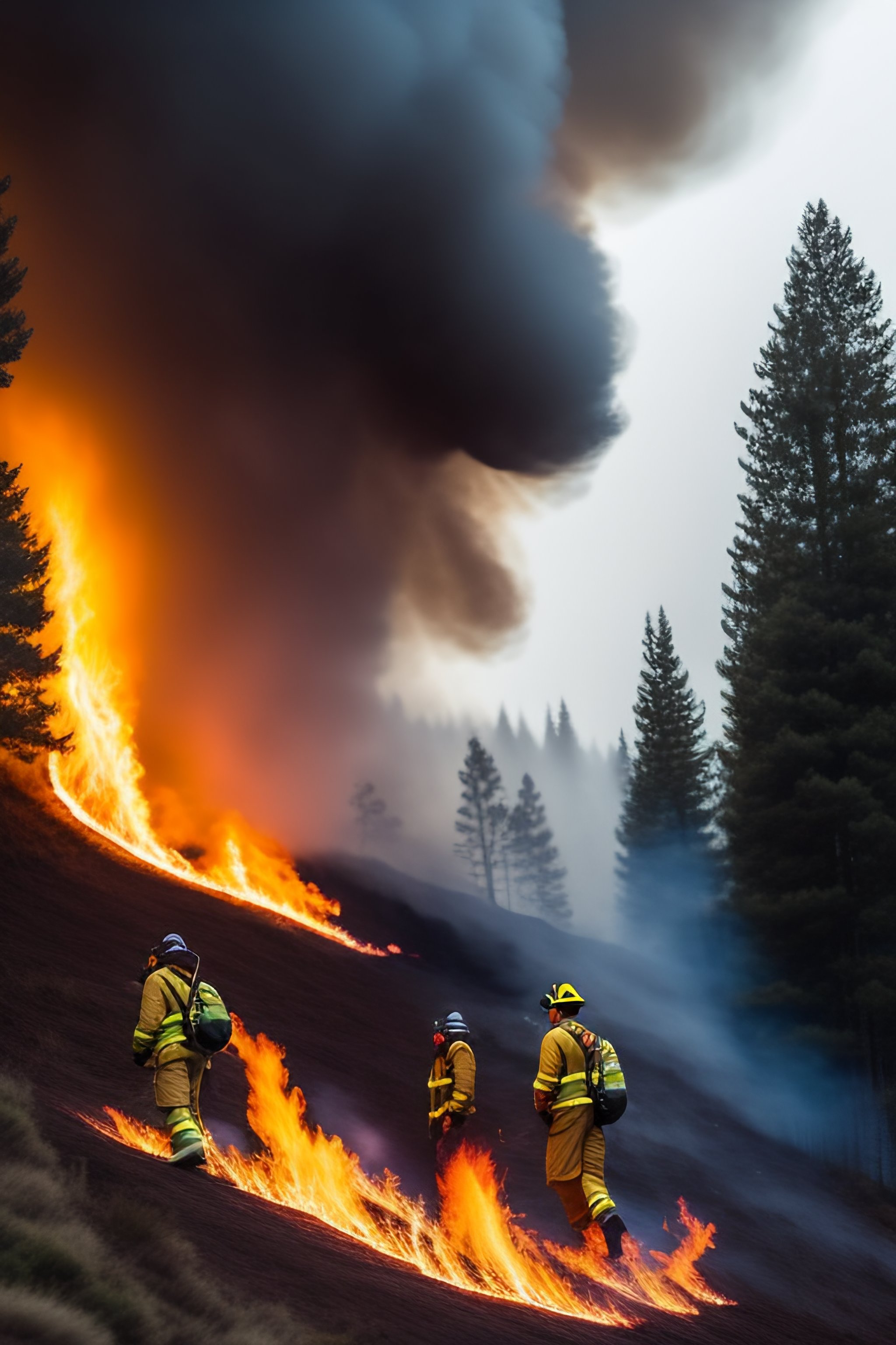 Lexica - Created three European firefighters putting out a forest fire