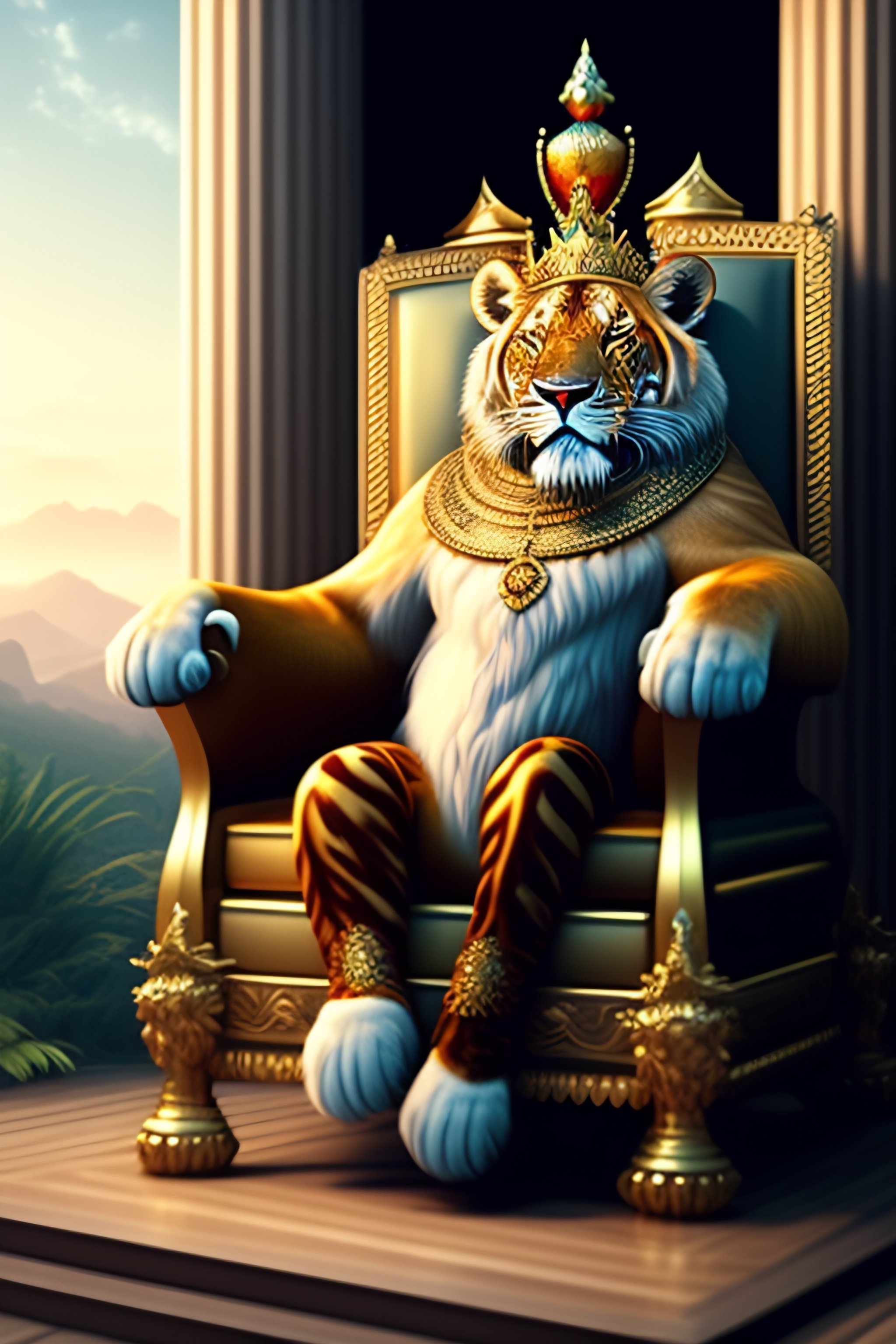 Lexica - King Lion sitting on throne, with crown, in jungle, lions ...